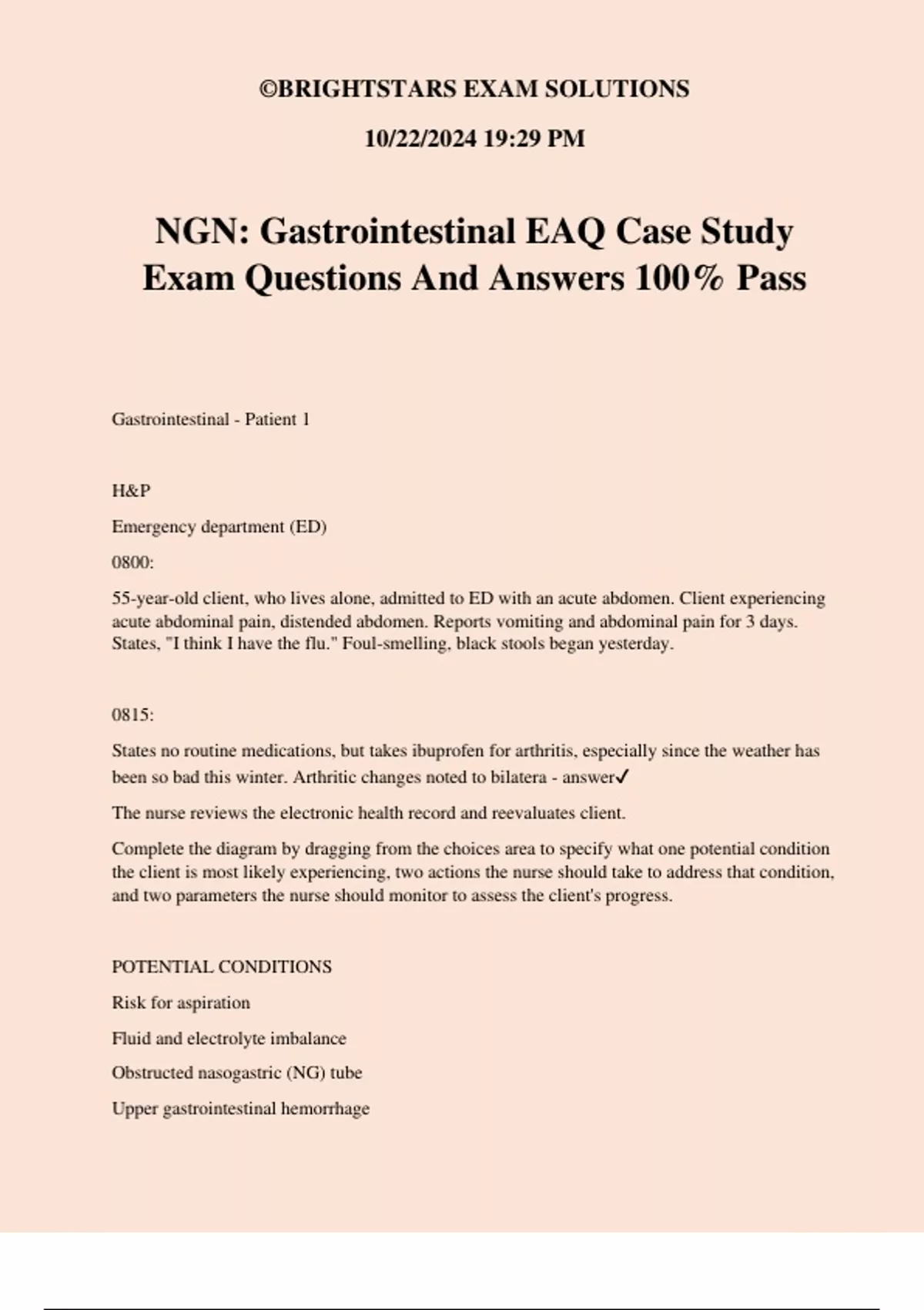 NGN: Gastrointestinal EAQ Case Study Exam Questions And Answers 100% ...