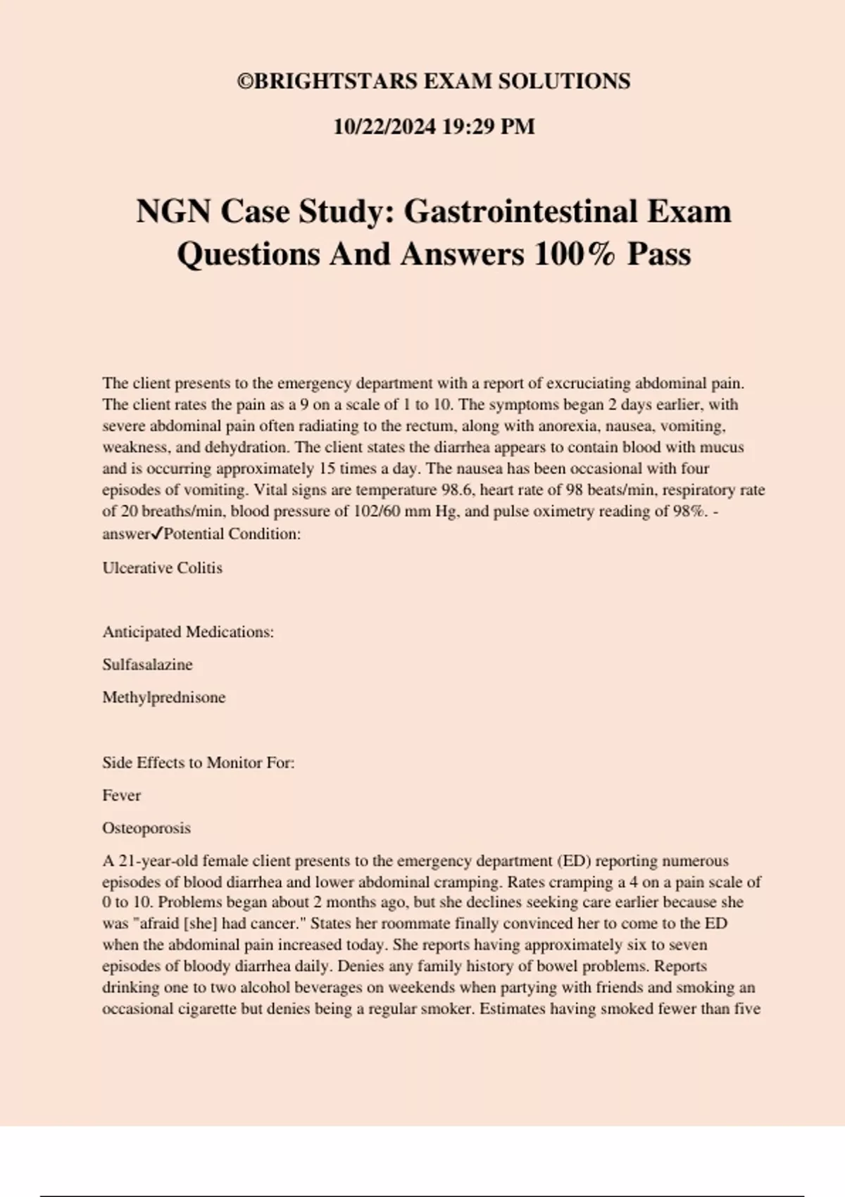 NGN Case Study: Gastrointestinal Exam Questions And Answers 100% Pass ...