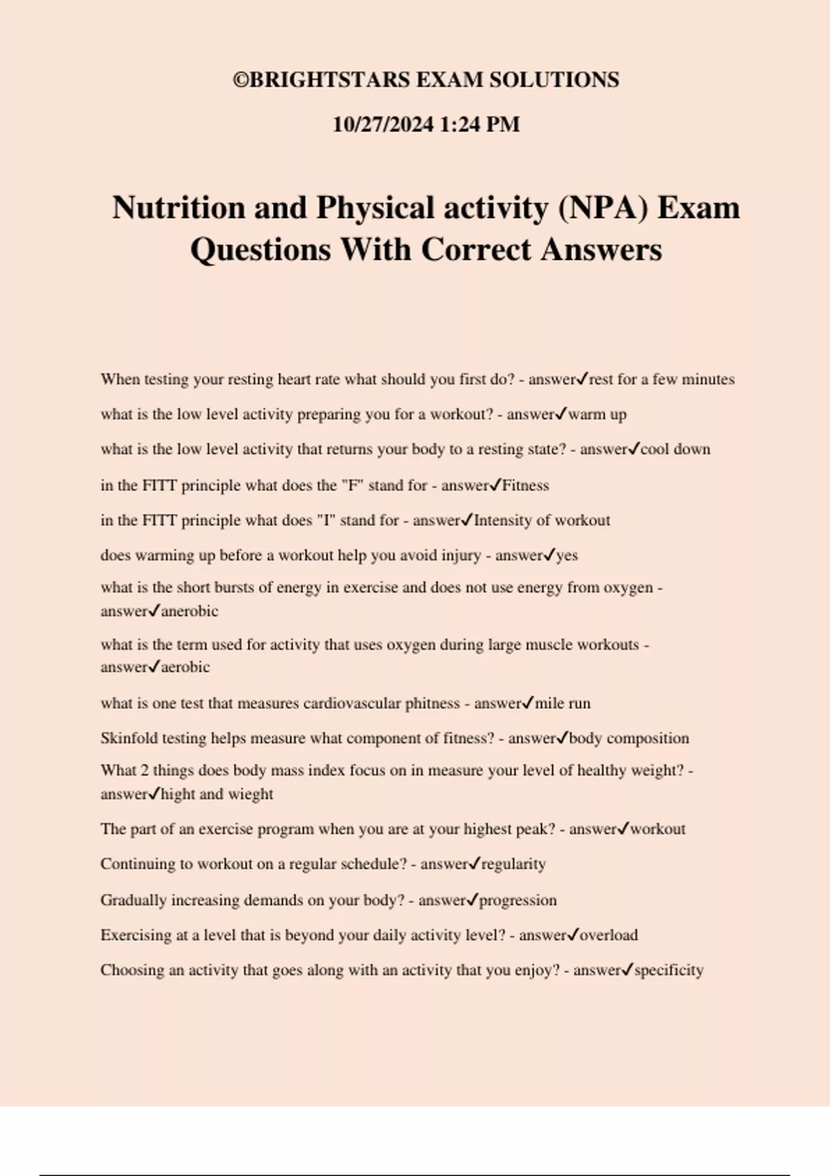 Nutrition and Physical activity (NPA) Exam Questions With Correct ...