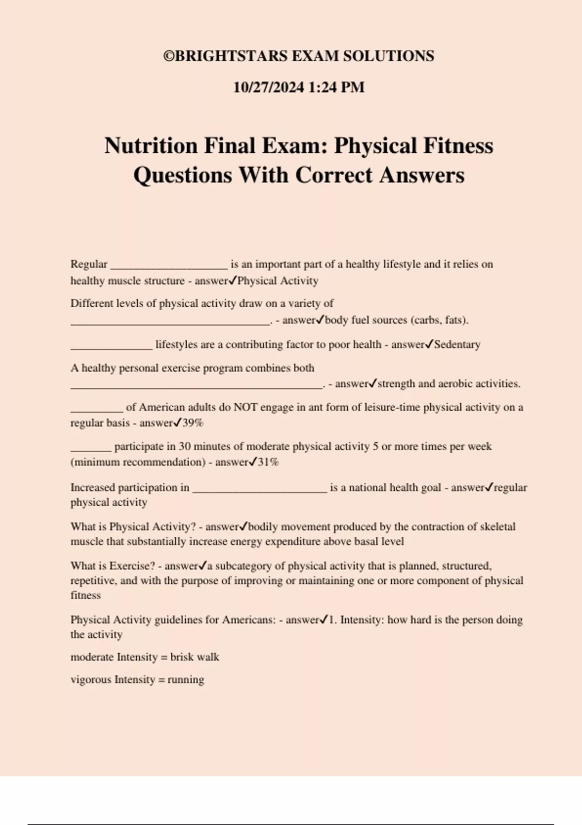 Nutrition Final Exam: Physical Fitness Questions With Correct Answers ...