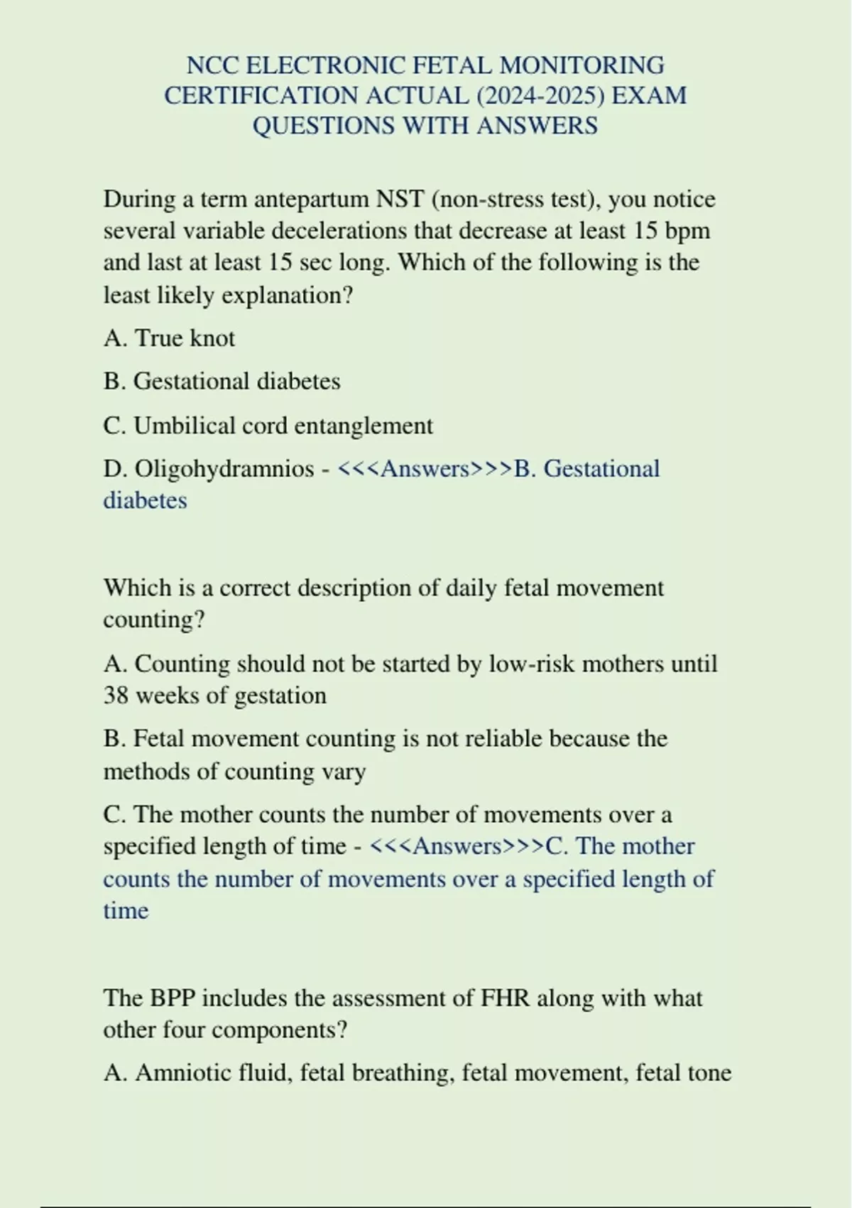 NCC ELECTRONIC FETAL MONITORING CERTIFICATION ACTUAL () EXAM QUESTIONS WITH ANSWERS - NCC ...