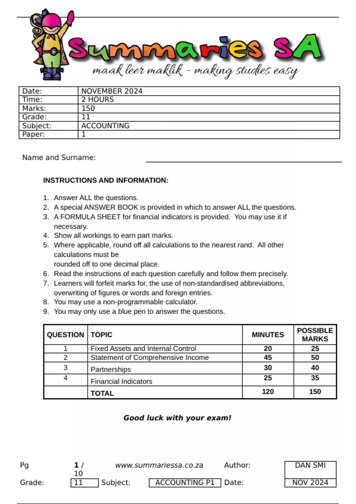 Grade 11 Accounting (ACC) November Test Paper 1 and Memo - 2024 ...