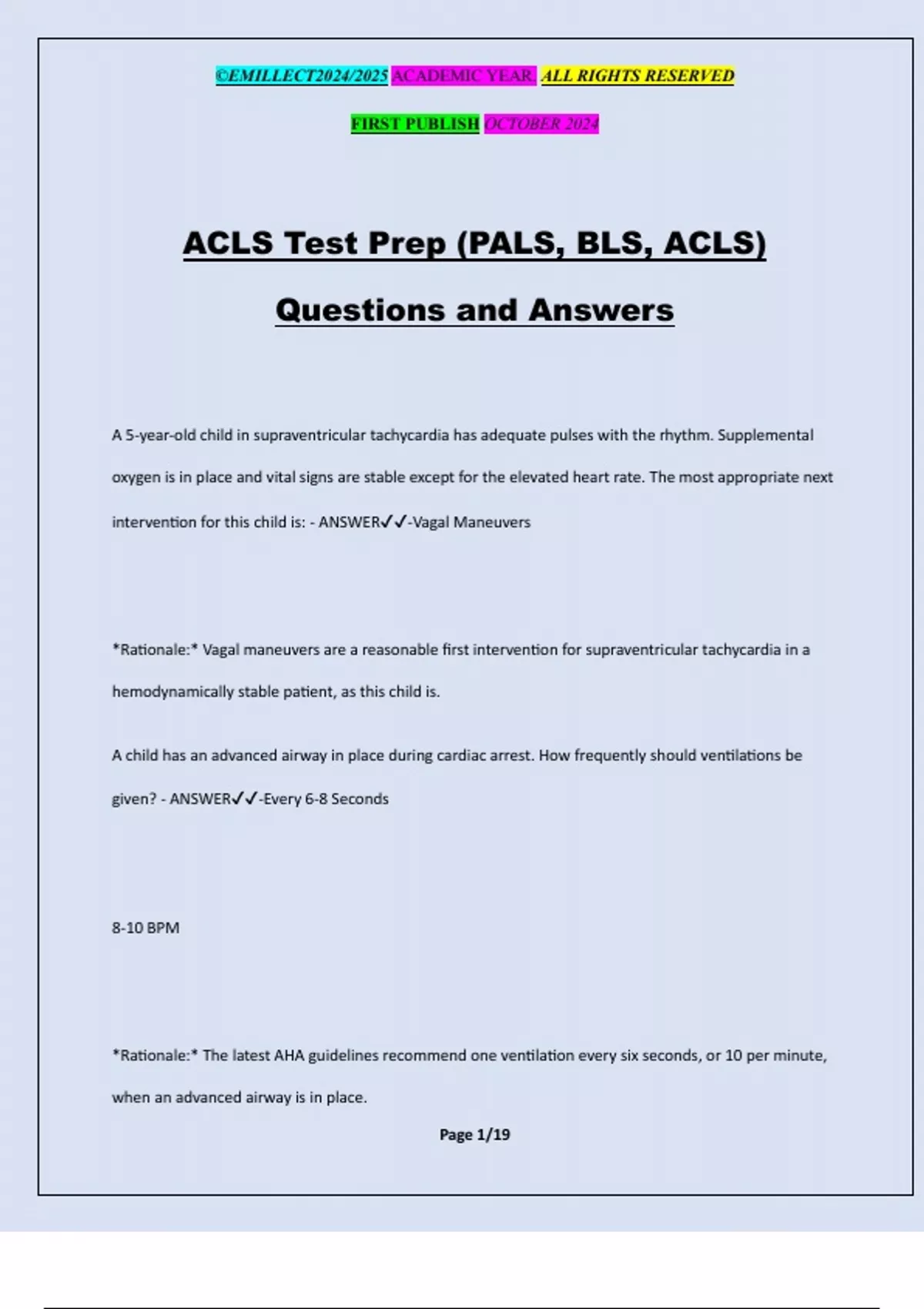 ACLS Test Prep (PALS, BLS, ACLS) Questions and Answers - 2024/2025 ...