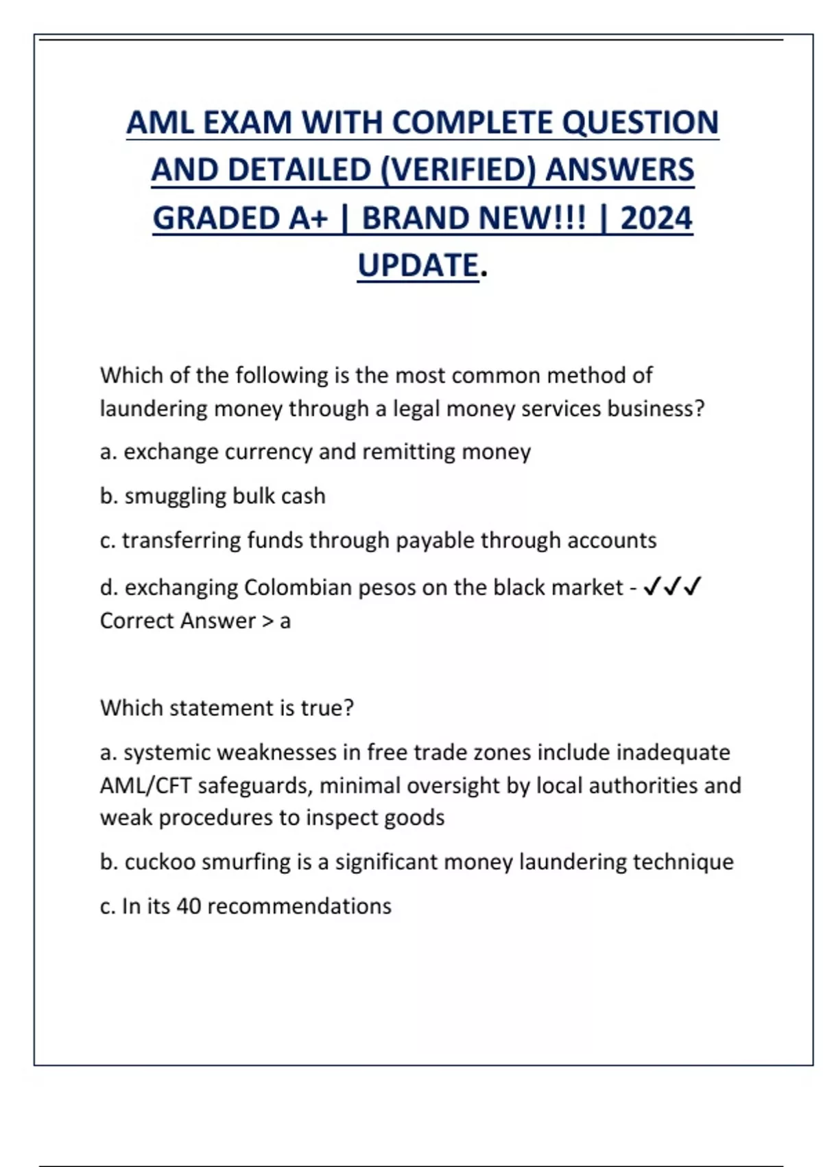 AML EXAM WITH COMPLETE QUESTION AND DETAILED (VERIFIED) ANSWERS GRADED A+ | BRAND NEW!!! | 2024 ...