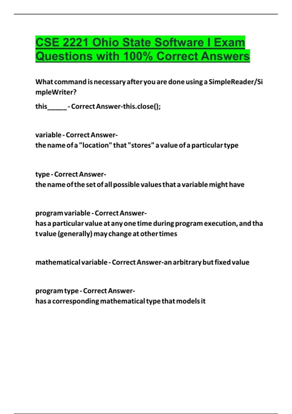 CSE 2221 Ohio State Software I Exam Questions with 100% Correct Answers ...