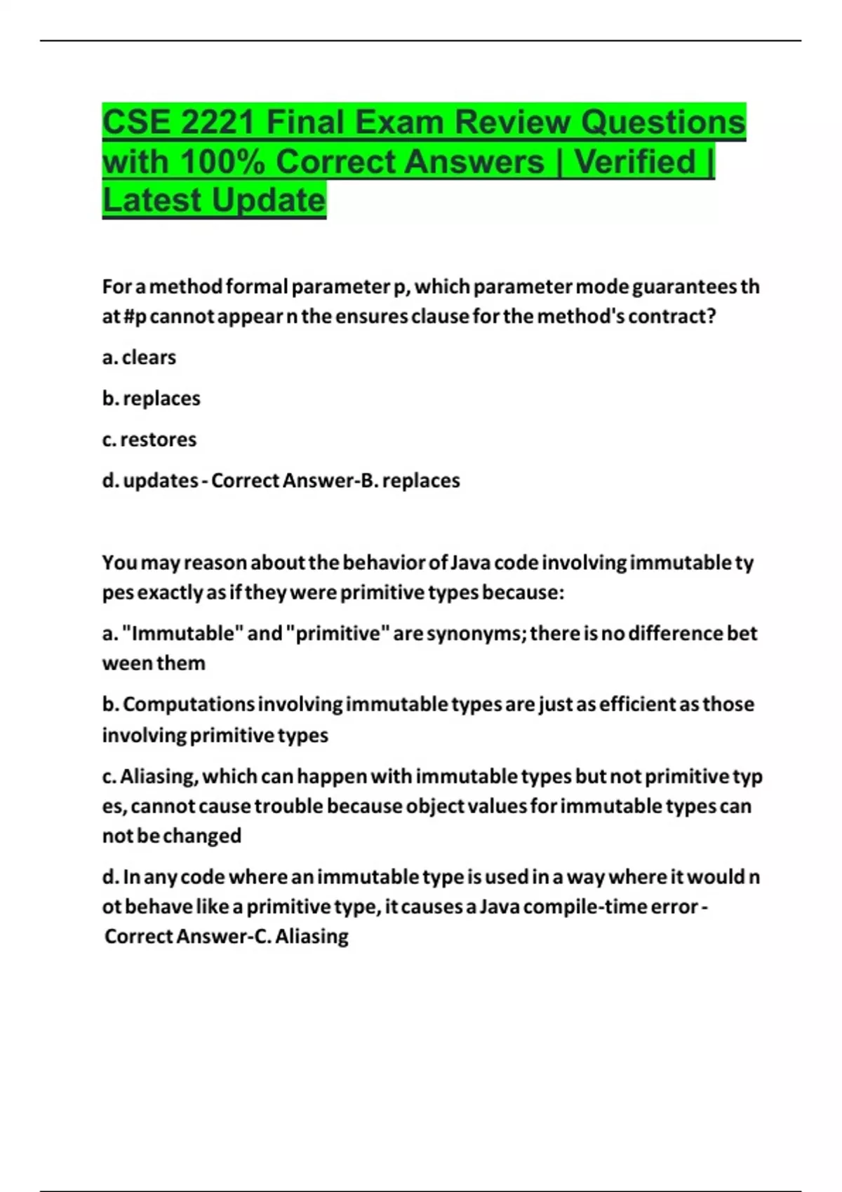 CSE 2221 Final Exam Review Questions with 100% Correct Answers ...