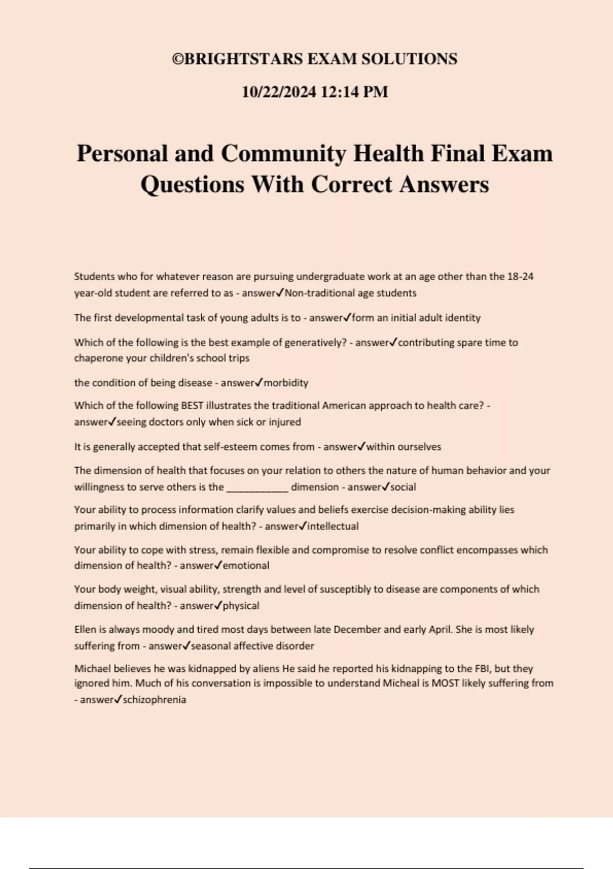 Personal and Community Health Final Exam Questions With Correct Answers ...