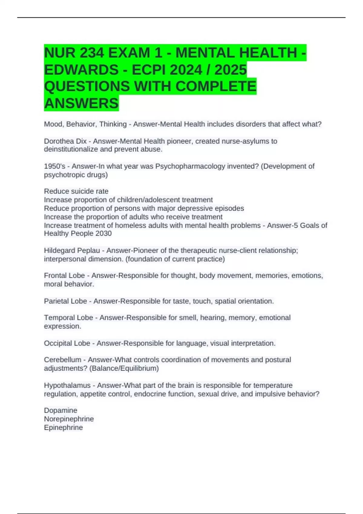 NUR 234 EXAM 1 - MENTAL HEALTH - EDWARDS - ECPI 2024 / 2025 QUESTIONS WITH COMPLETE ANSWERS ...