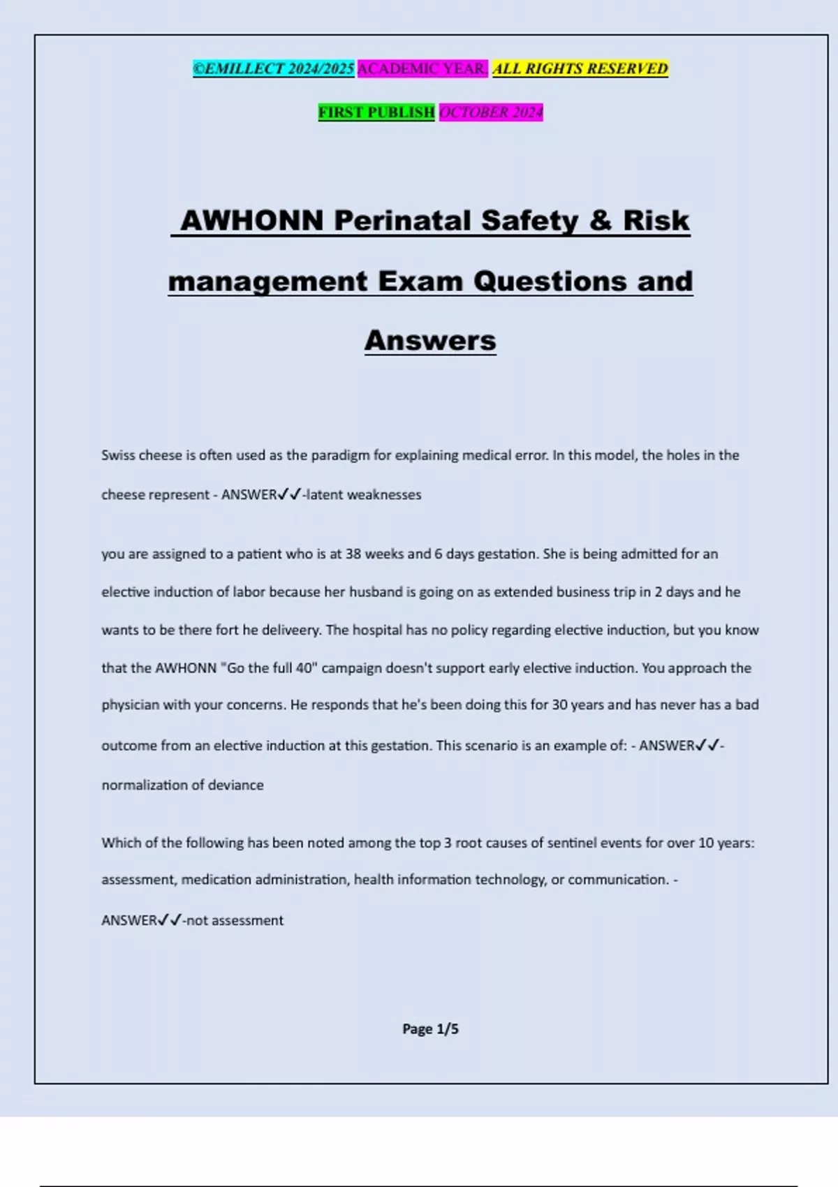 AWHONN Perinatal Safety & Risk management Exam Questions and Answers ...