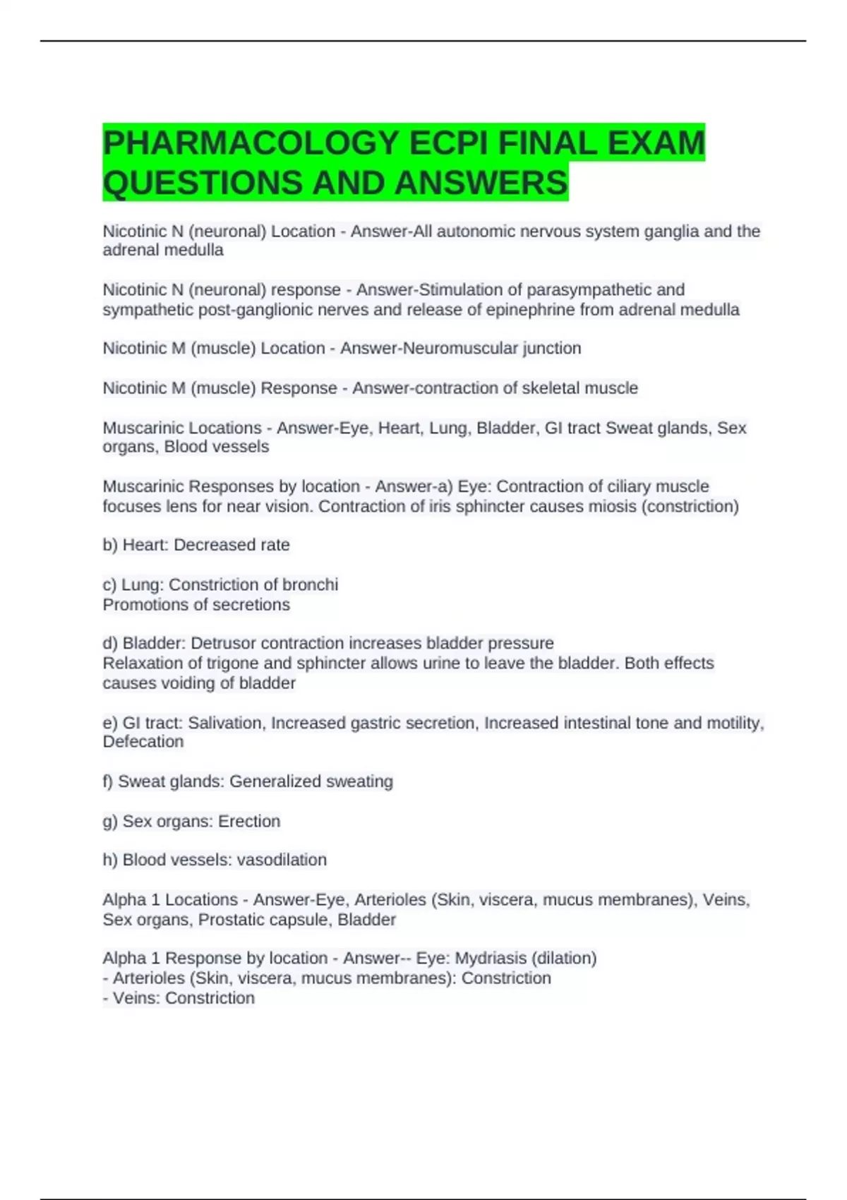 PHARMACOLOGY (ECPI) EXAM #2 QUESTIONS WITH CORRECT ANSWERS - ECPI ...