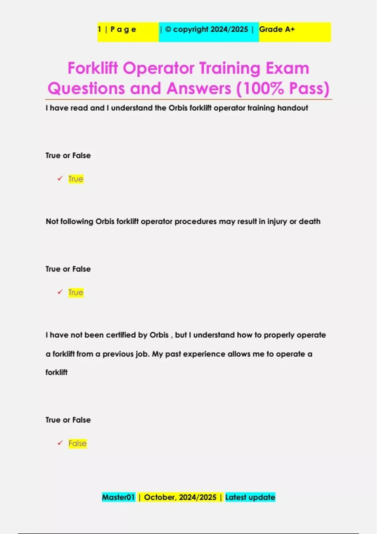 Forklift Operator Training Exam Questions and Answers (100% Pass ...