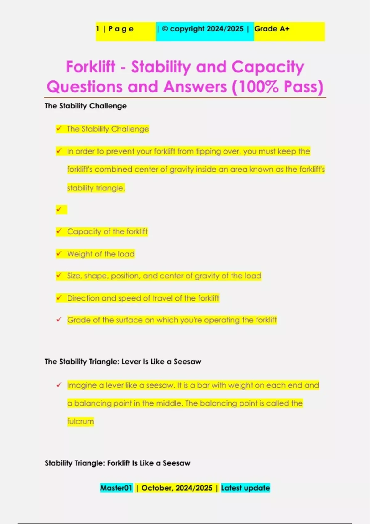 Forklift - Stability and Capacity Questions and Answers (100% Pass ...