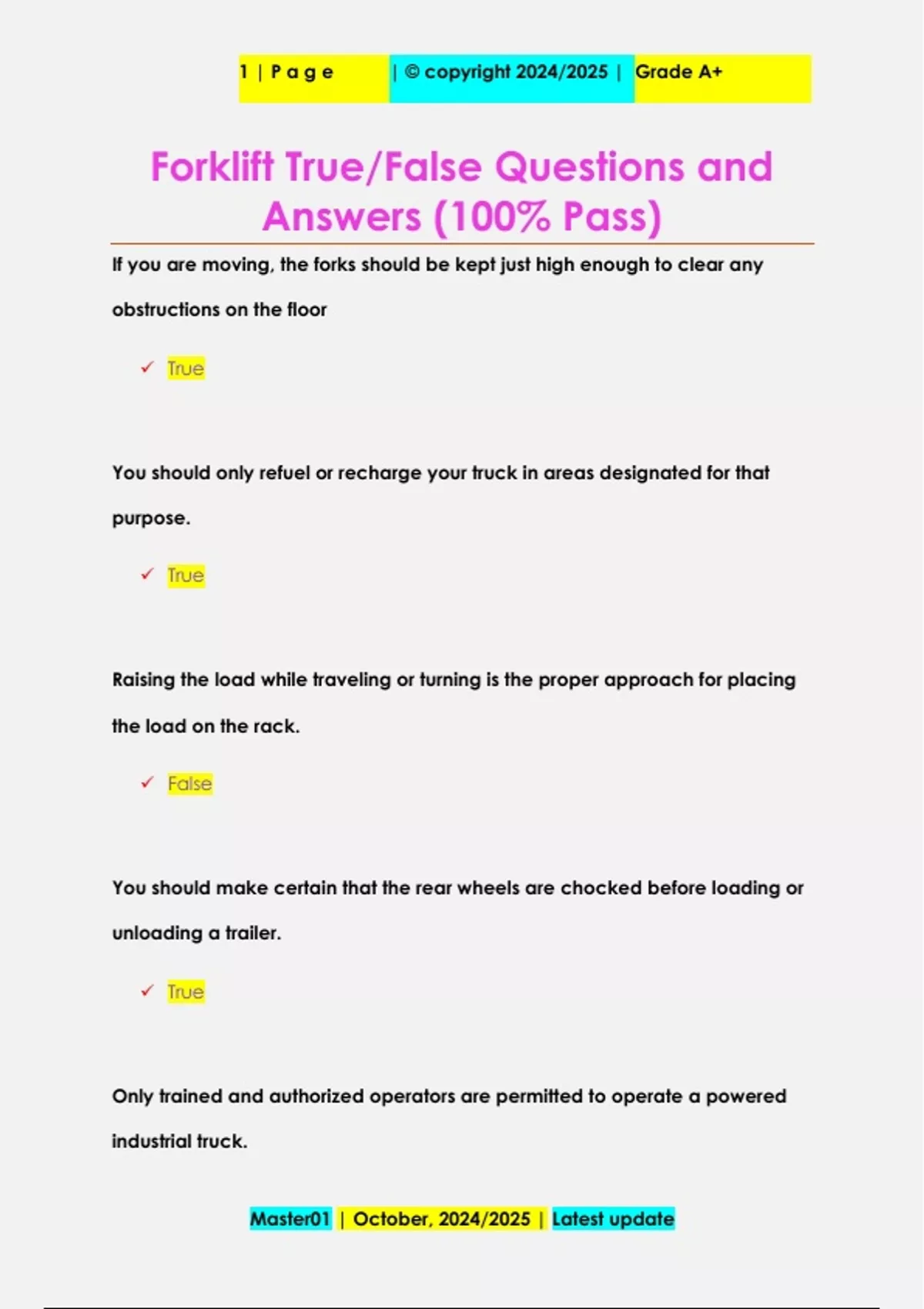 Forklift True/False Questions and Answers (100% Pass) - Forklift - Stuvia US
