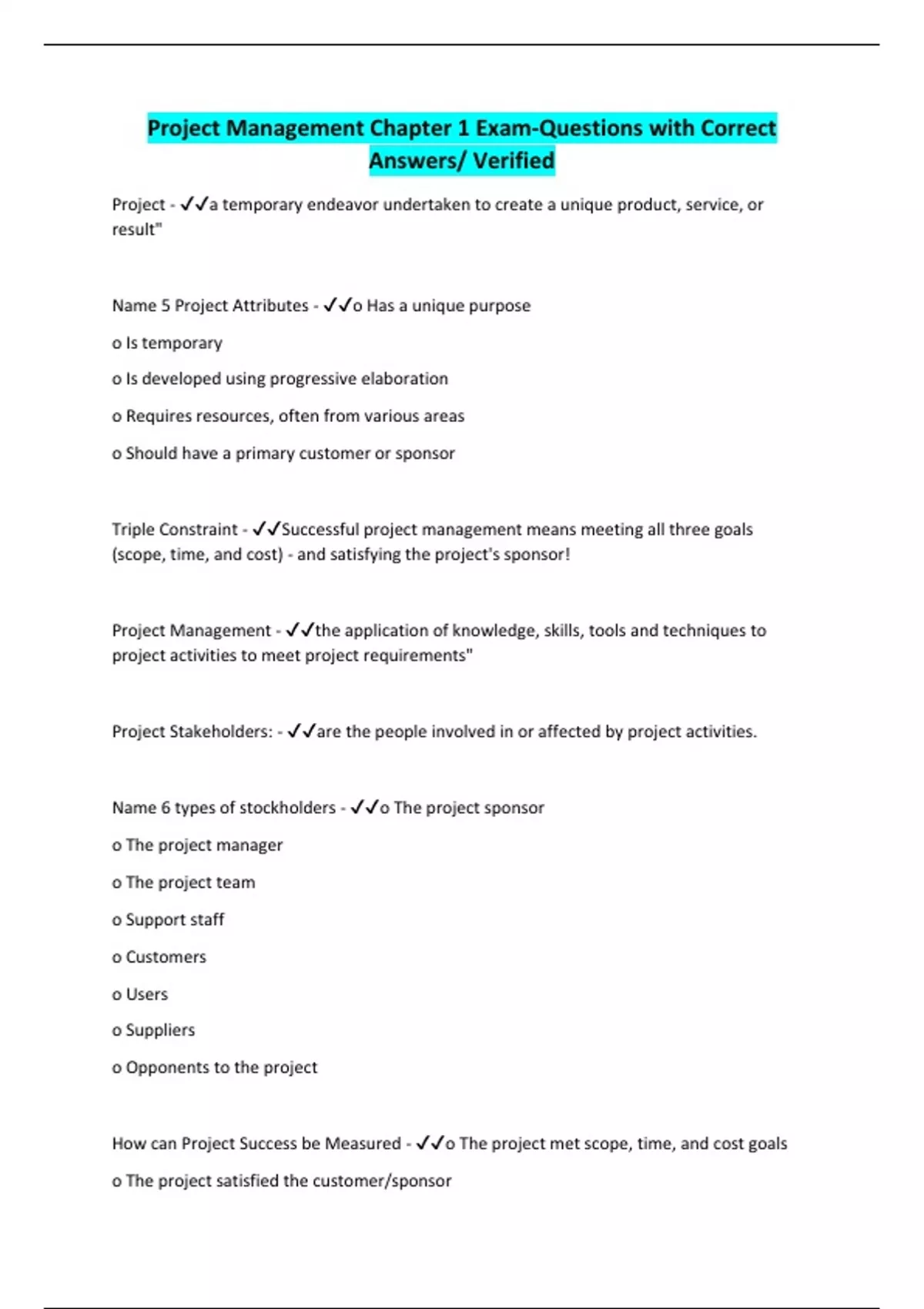 Project Management Chapter 1 Exam-Questions with Correct Answers/ Verified - Project Management ...