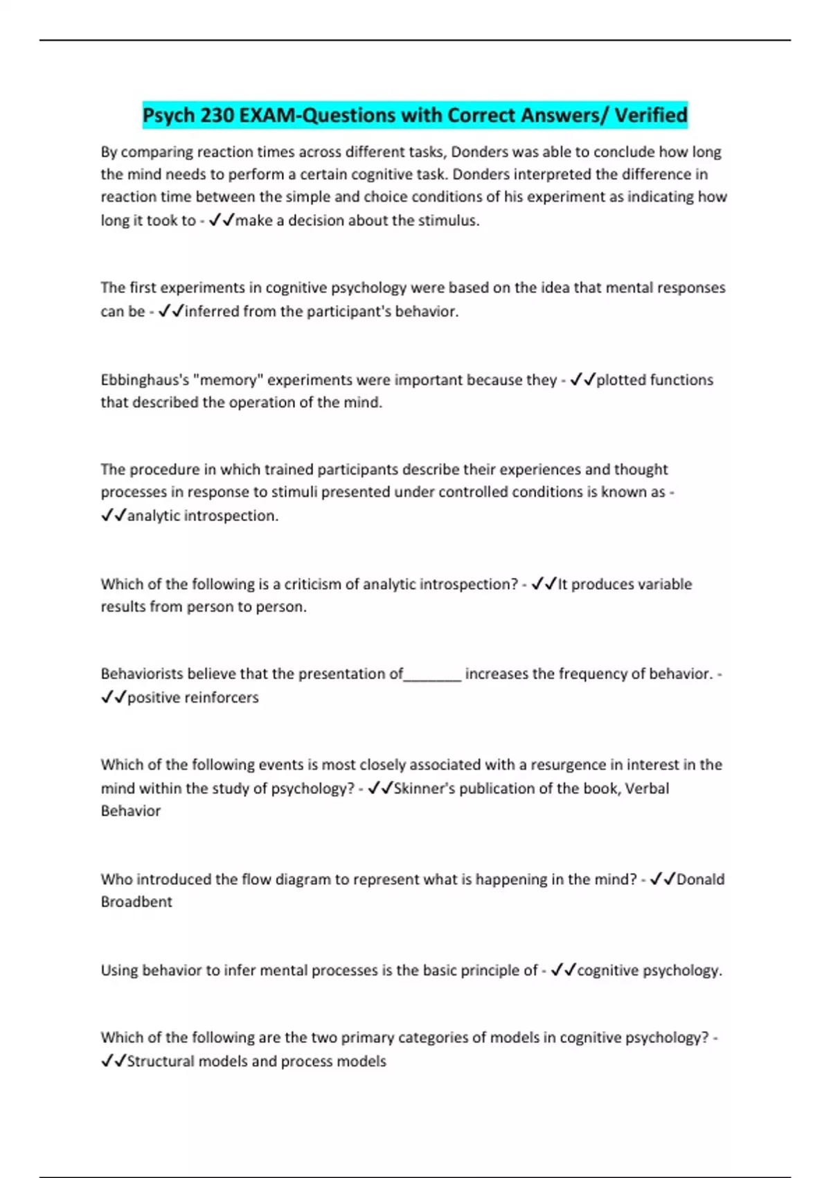 Psych 230 EXAM-Questions with Correct Answers/ Verified - Psych 230 ...