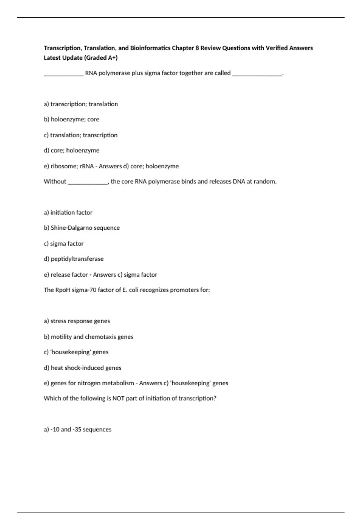 Transcription, Translation, and Bioinformatics Chapter 8 Review Questions with Verified Answers ...