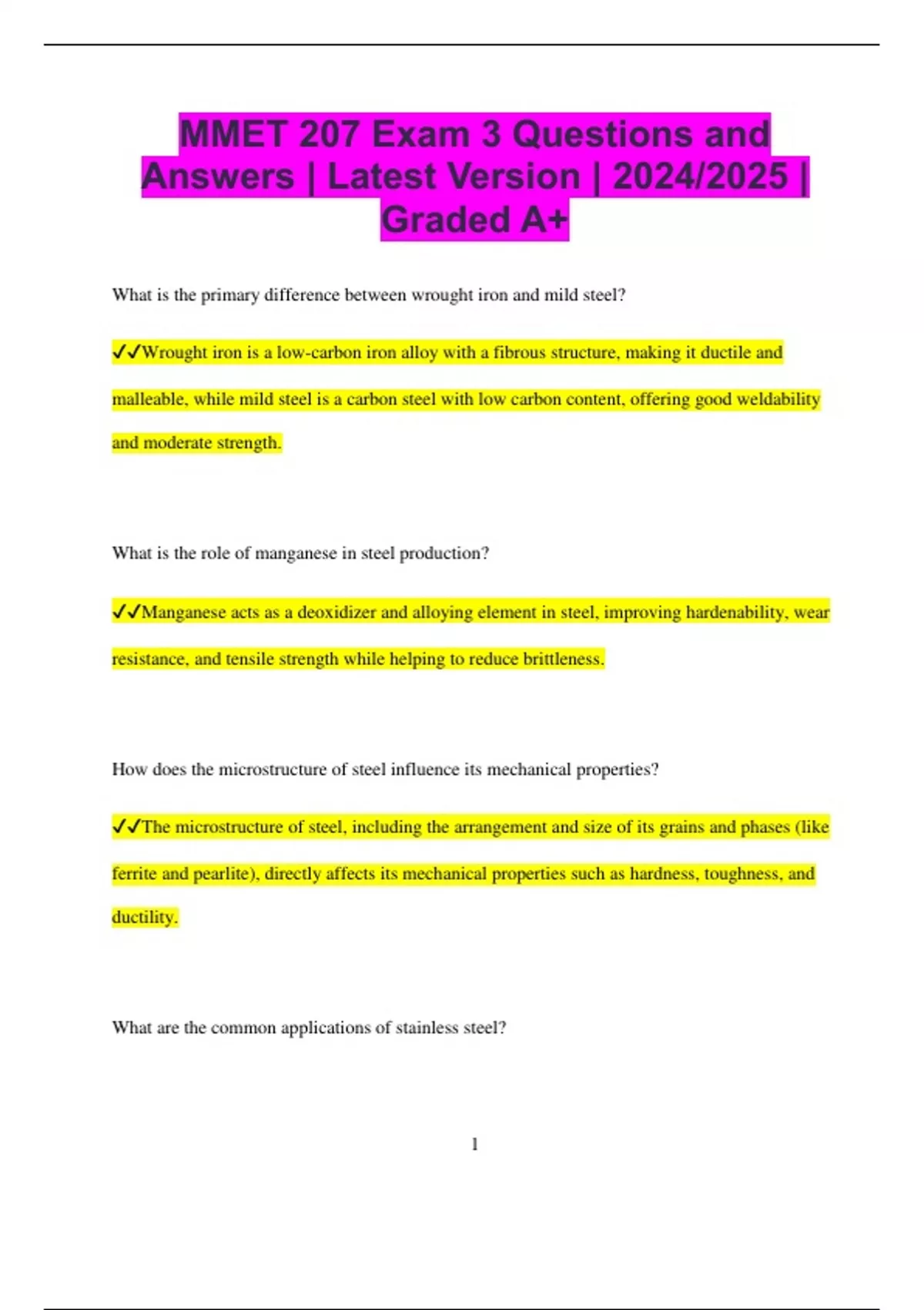MMET 207 Exam 3 Questions and Answers | Latest Version | 2024/2025 ...
