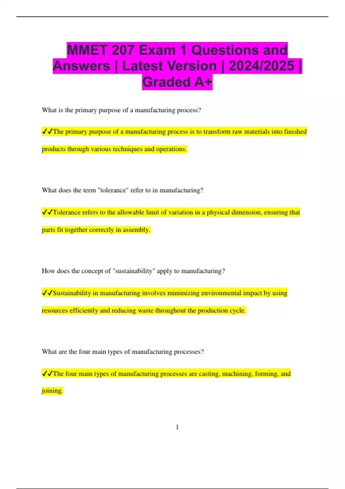 MMET 207 Exam 1 Questions and Answers | Latest Version | 2024/2025 ...