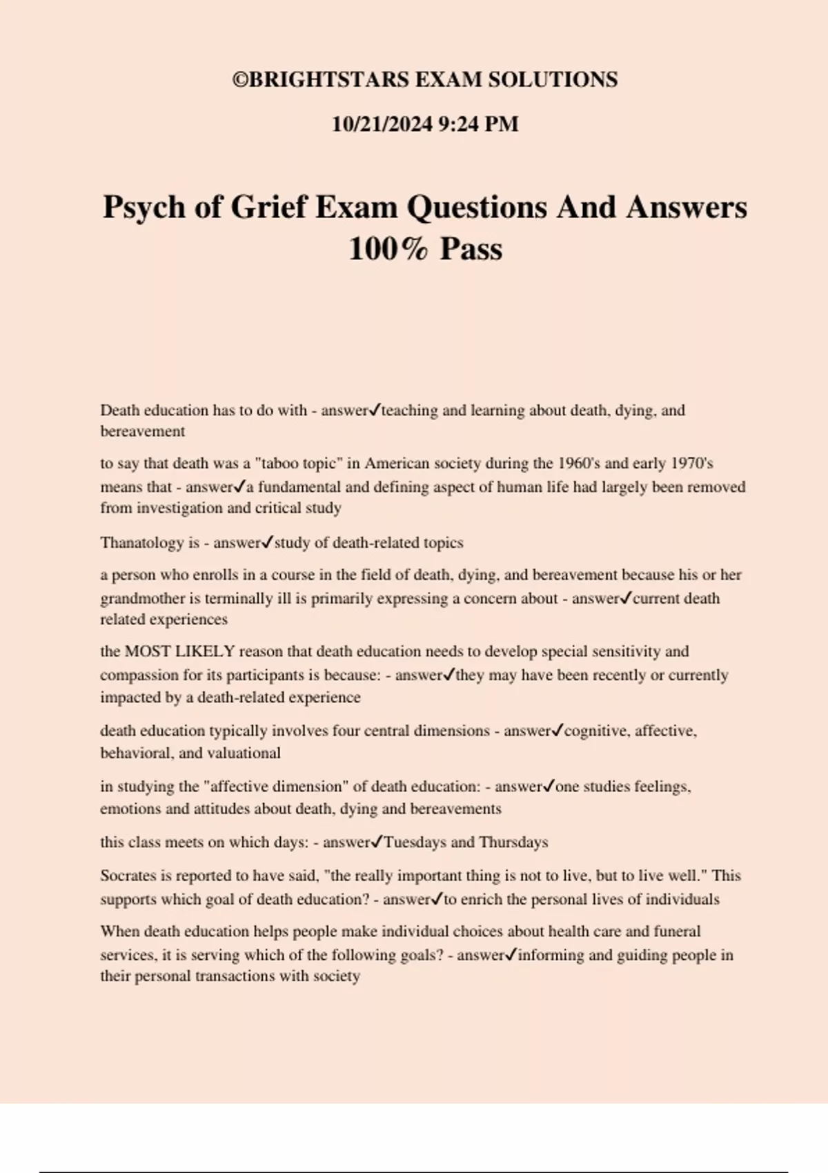 Psych of Grief Exam Questions And Answers 100% Pass - Psych of Grief ...