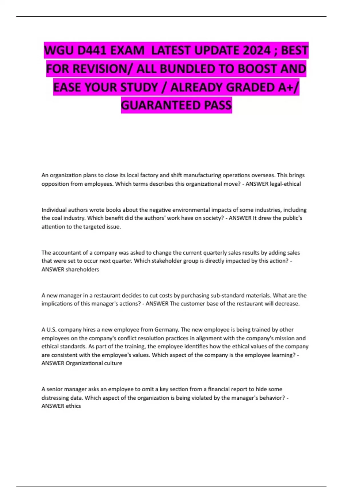 WGU D441 EXAM LATEST UPDATE 2024 ; BEST FOR REVISION/ ALL BUNDLED TO ...