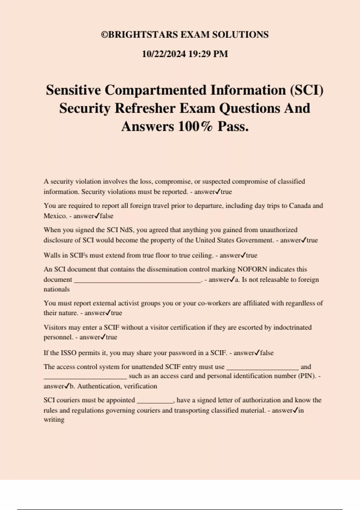 Sensitive Compartmented Information Sci Security Refresher Exam Questions And Answers 100