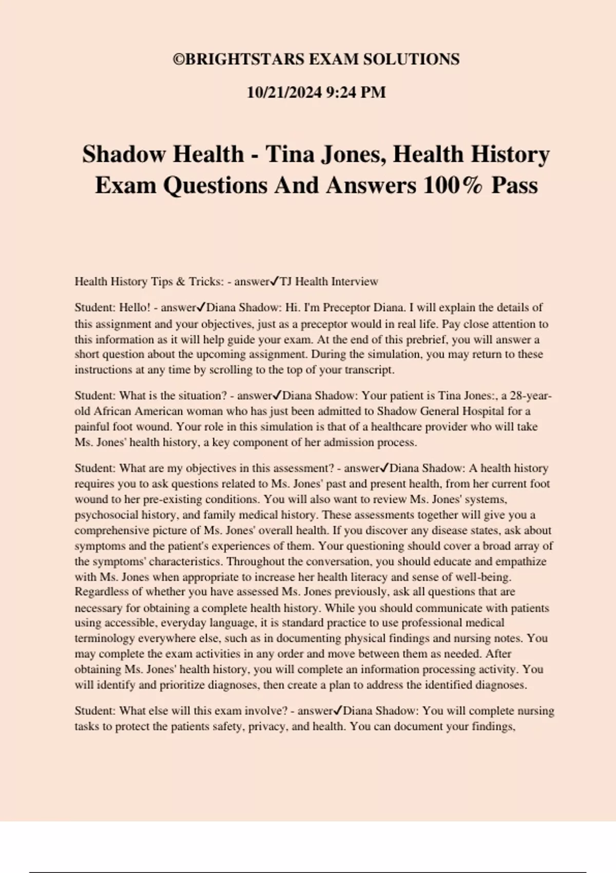 Shadow Health - Tina Jones, Health History Exam Questions And Answers ...