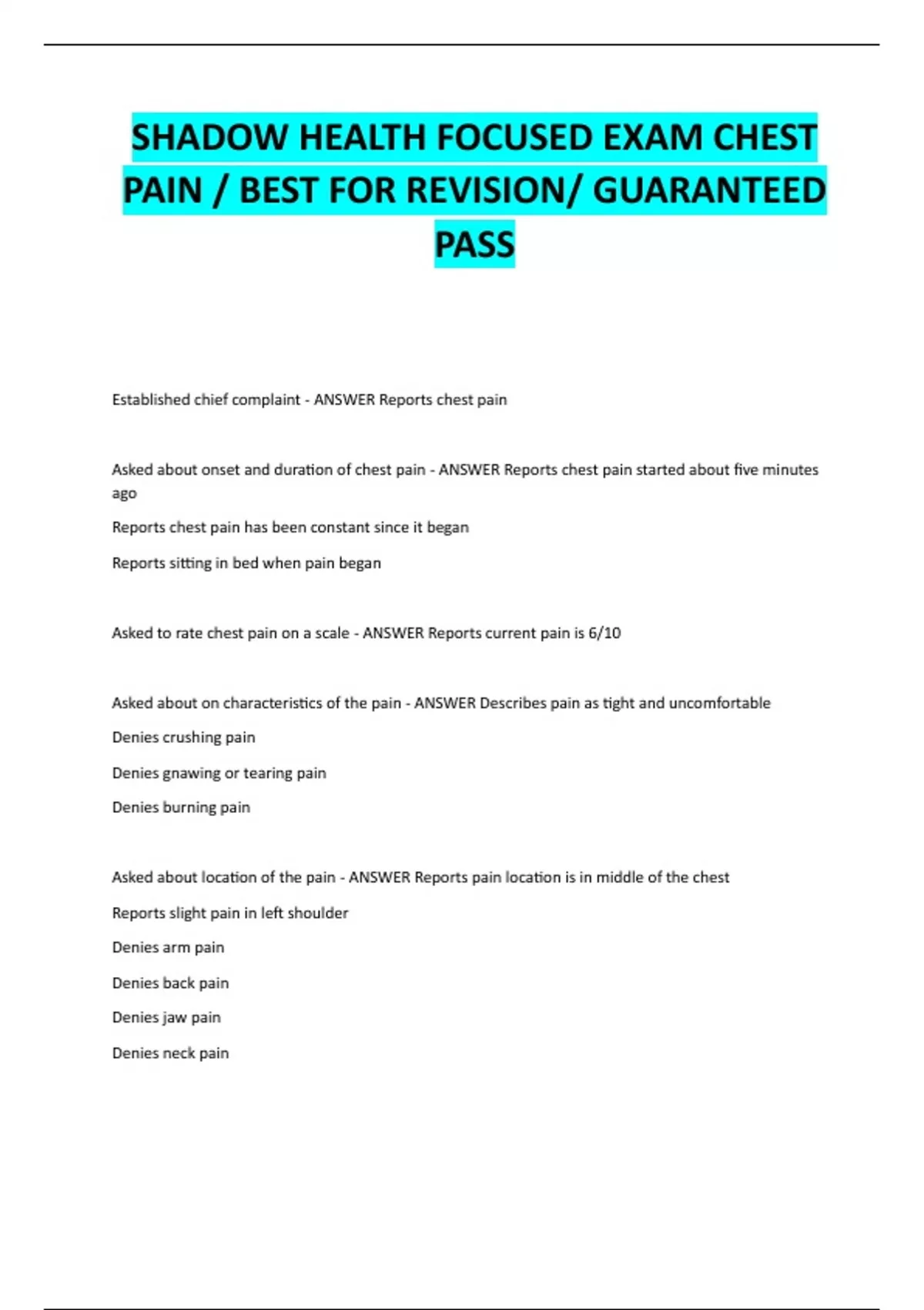 SHADOW HEALTH FOCUSED EXAM CHEST PAIN / BEST FOR REVISION/ GUARANTEED ...