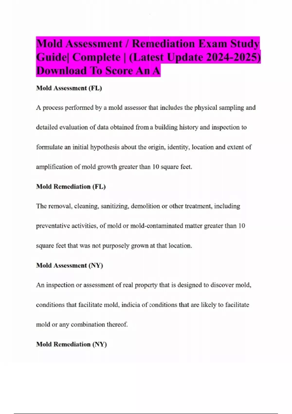 Mold Assessment / Remediation Exam Study Guide| Complete | (Latest ...