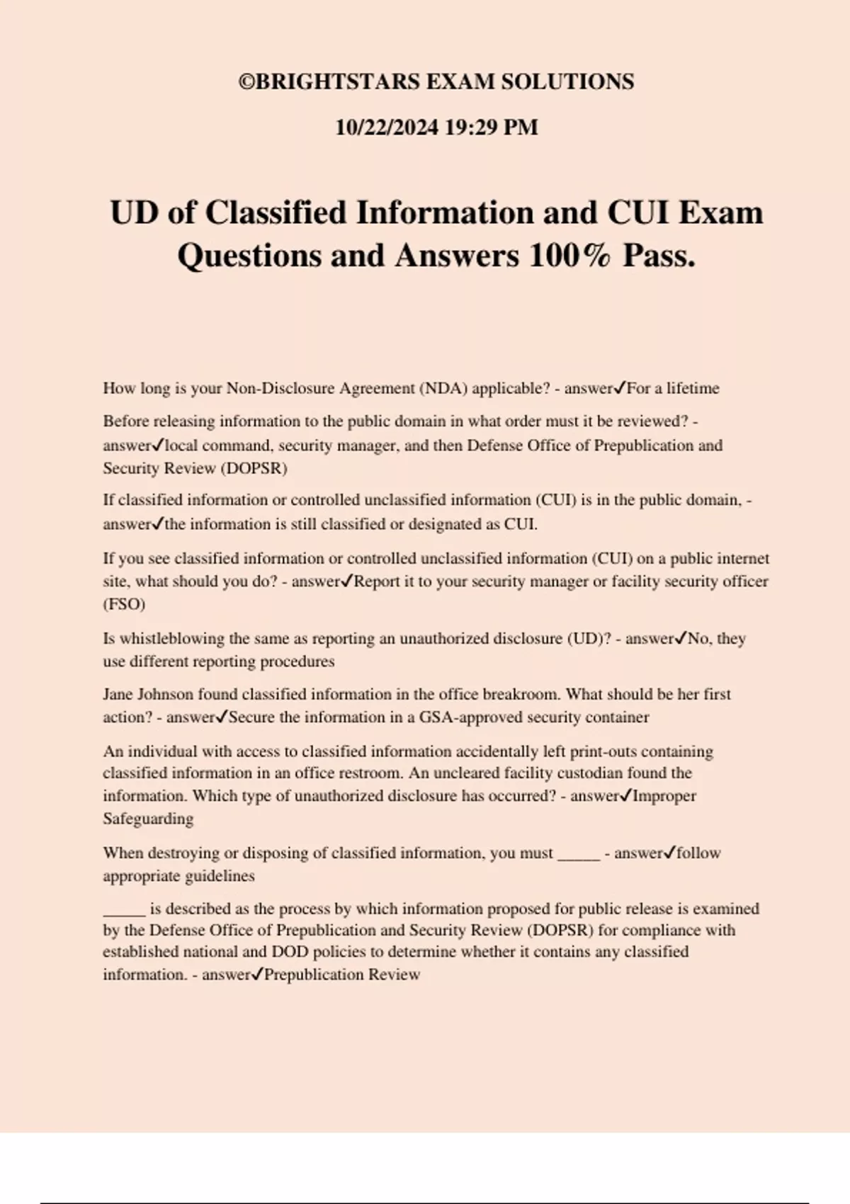 UD of Classified Information and CUI Exam Questions and Answers 100% ...