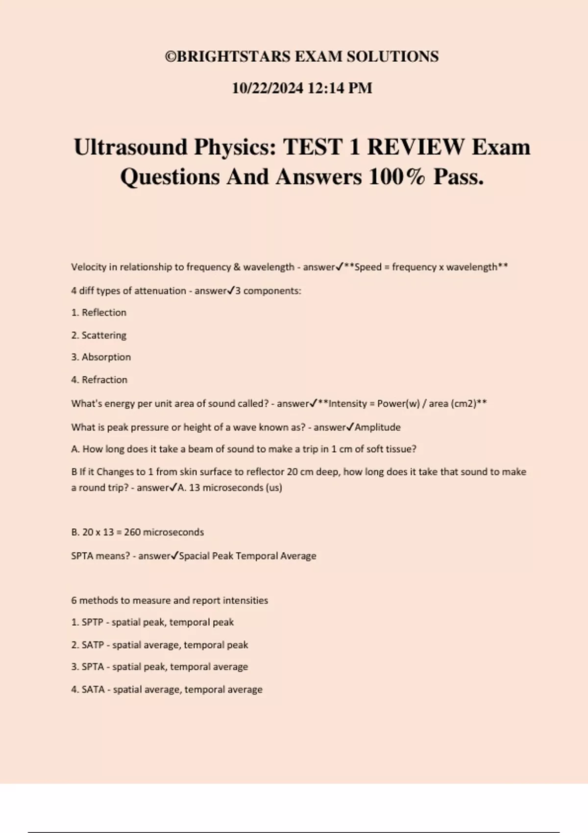 Ultrasound Physics: TEST 1 REVIEW Exam Questions And Answers 100% Pass ...