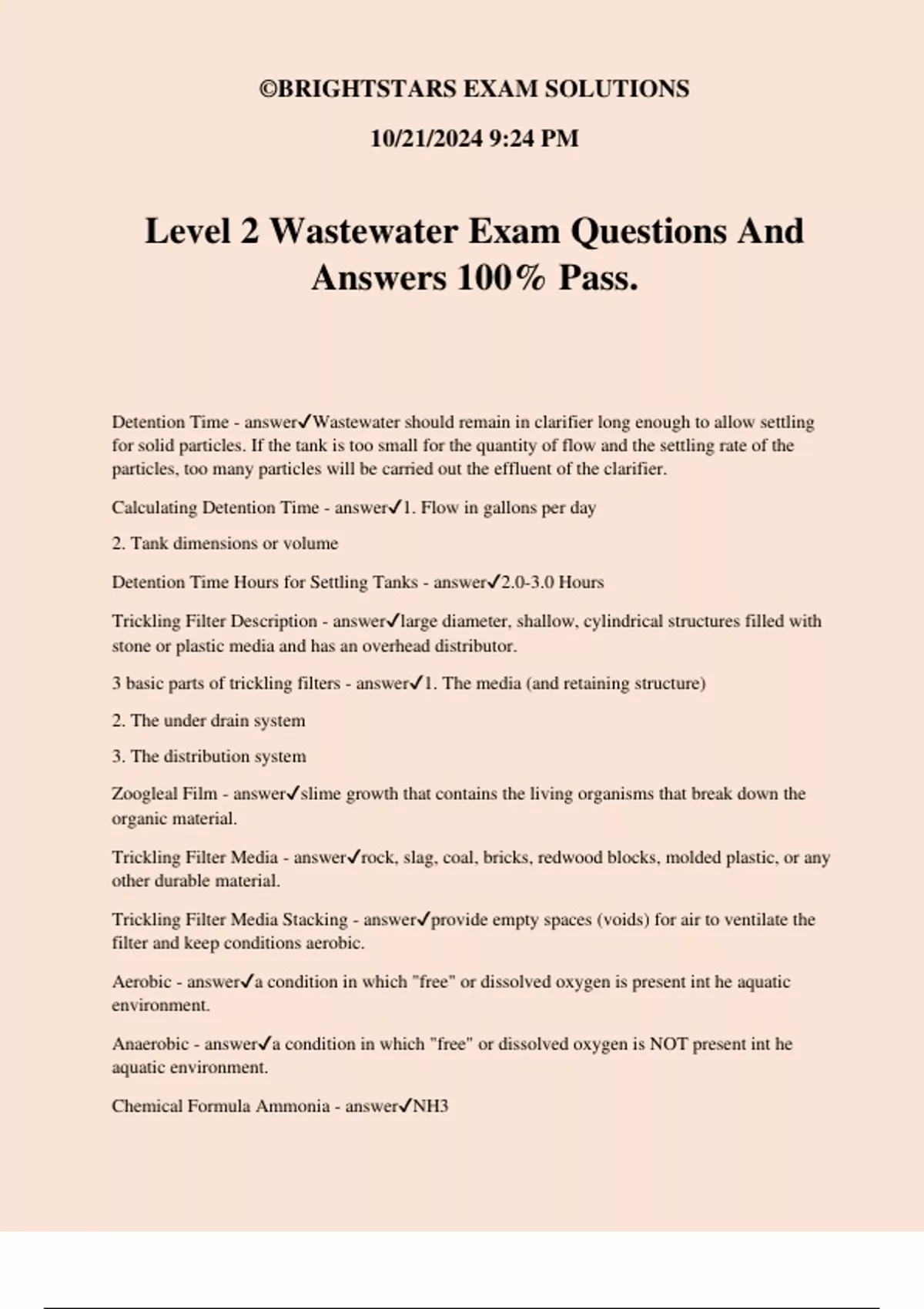 Level 2 Wastewater Exam Questions And Answers 100% Pass. - Waste ...