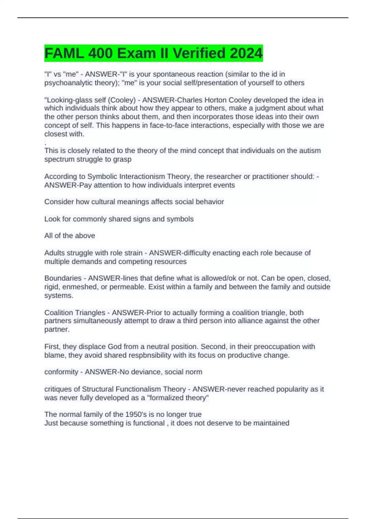 FAML 400 Exam II Verified 2024 - FAML 400 - Stuvia US