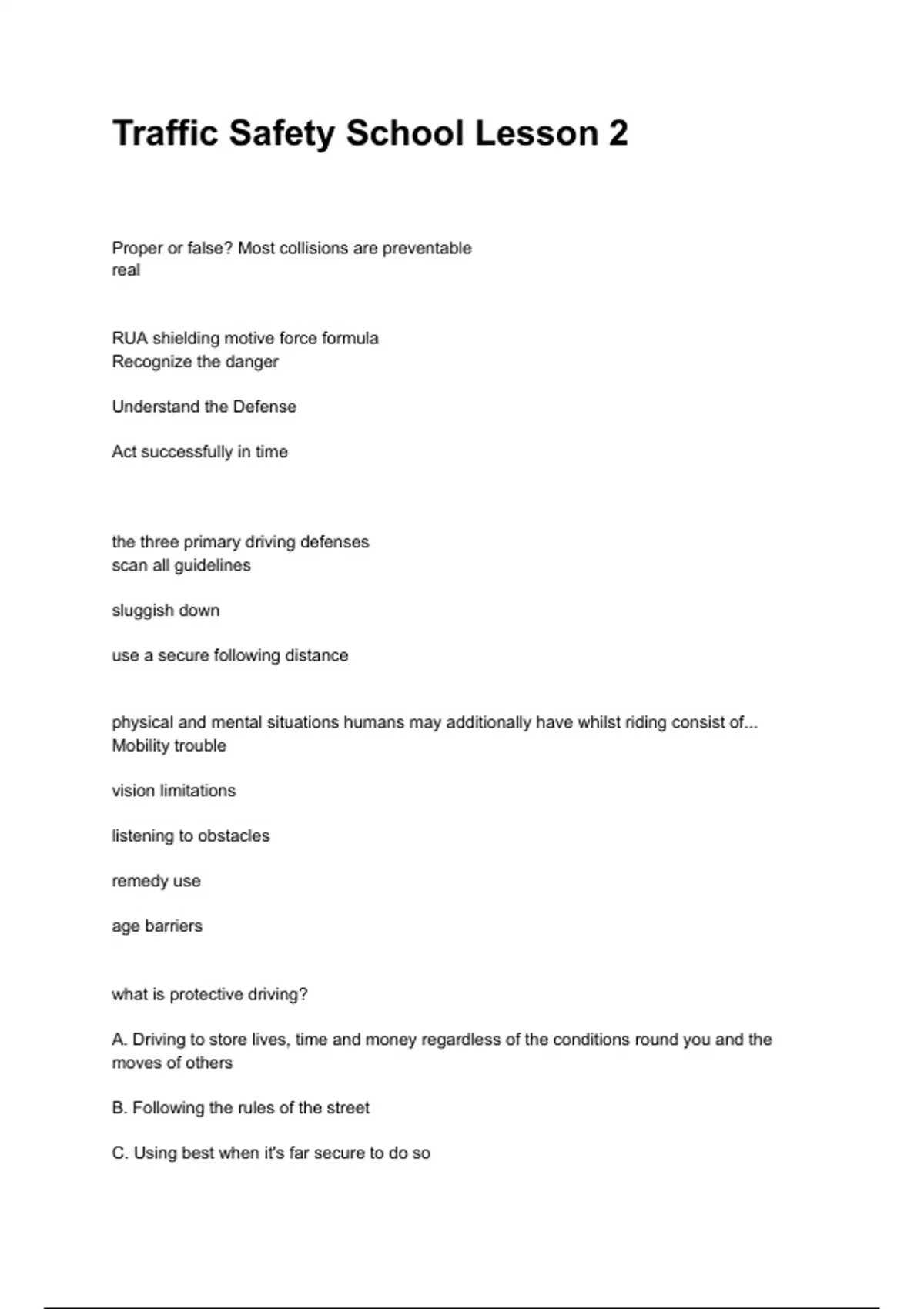 Traffic Safety School Lesson 2 questions with verified answers - NSC ...