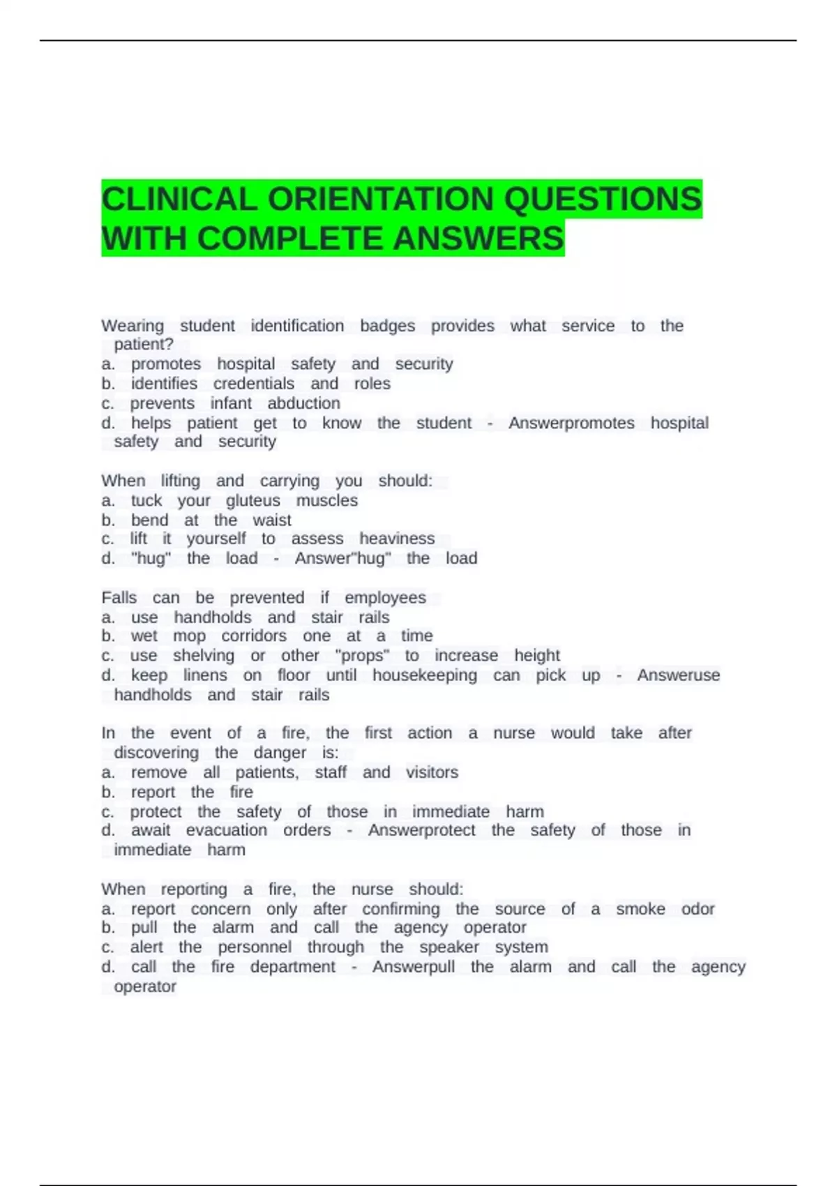 CLINICAL ORIENTATION QUESTIONS WITH COMPLETE ANSWERS - CLINICAL ...