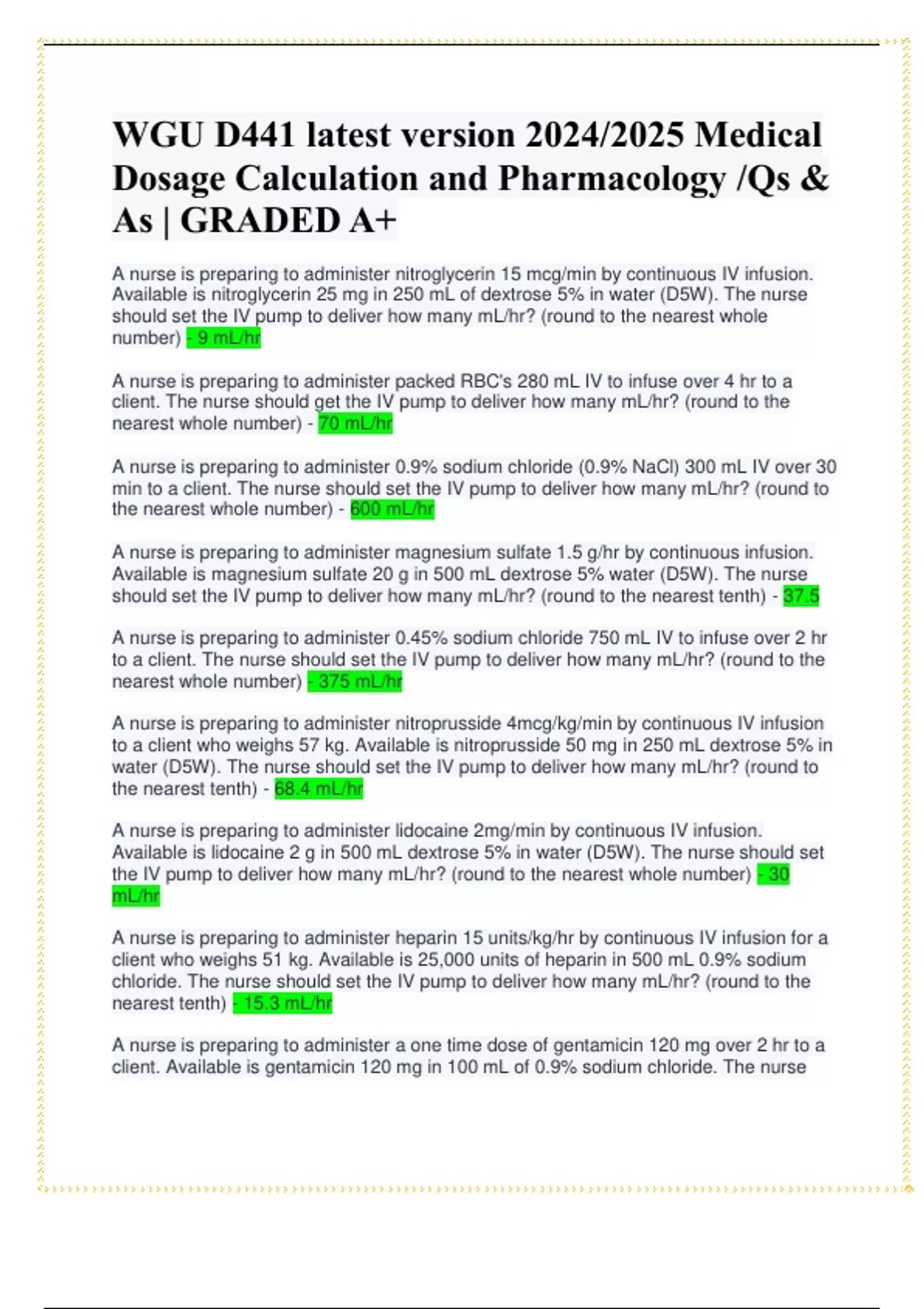 WGU D441 latest version 2024/2025 Medical Dosage Calculation and ...