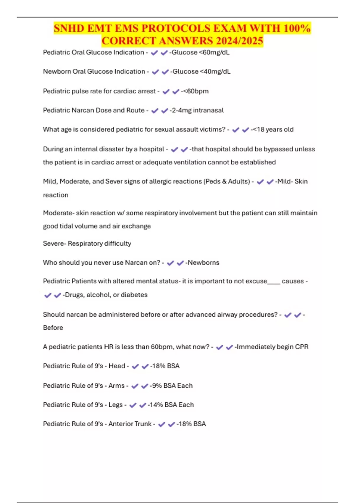 SNHD EMT EMS PROTOCOLS EXAM WITH 100% CORRECT ANSWERS 2024/2025 - SNHD ...