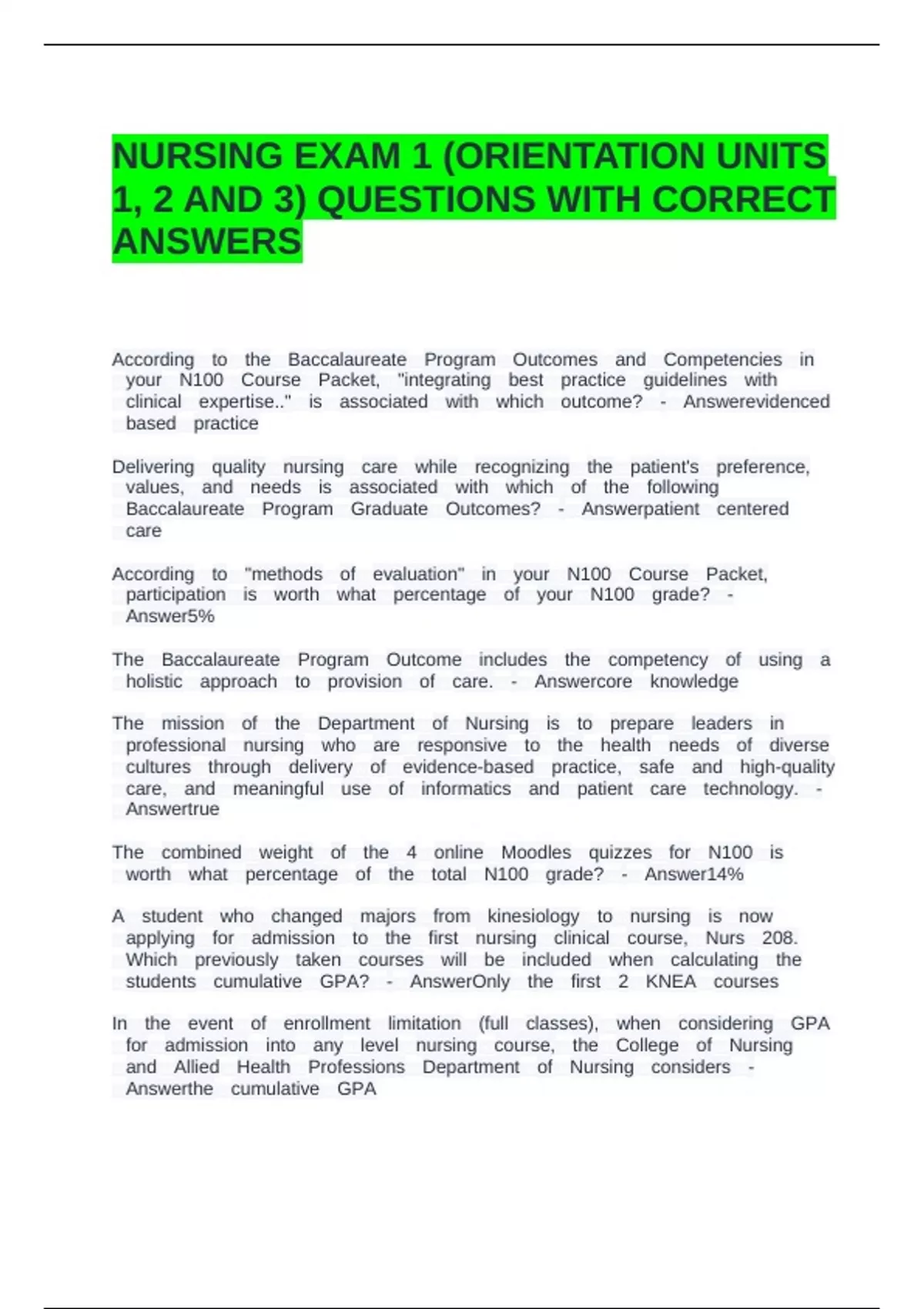 NURSING EXAM 1 (ORIENTATION UNITS 1, 2 AND 3) QUESTIONS WITH CORRECT ...