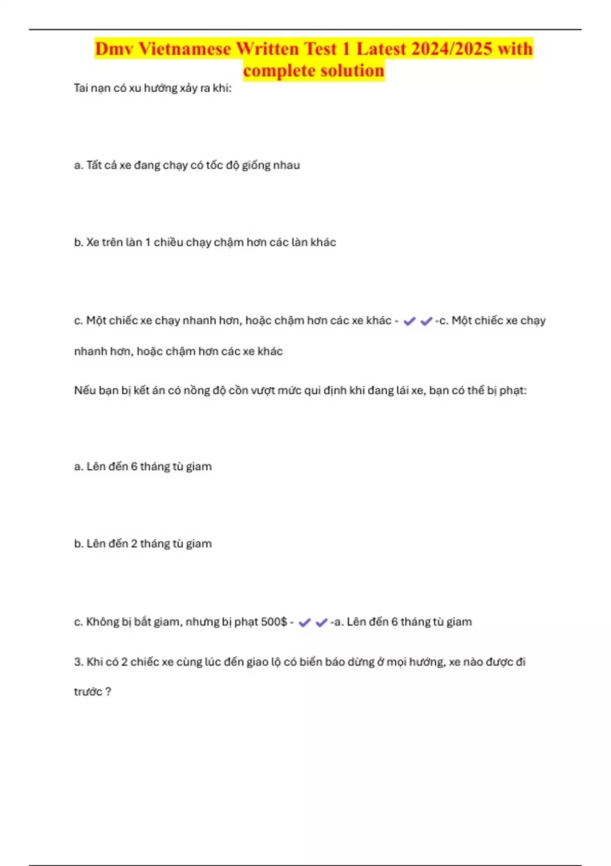 Dmv Vietnamese Written Test 1 Latest 2024/2025 with complete solution ...