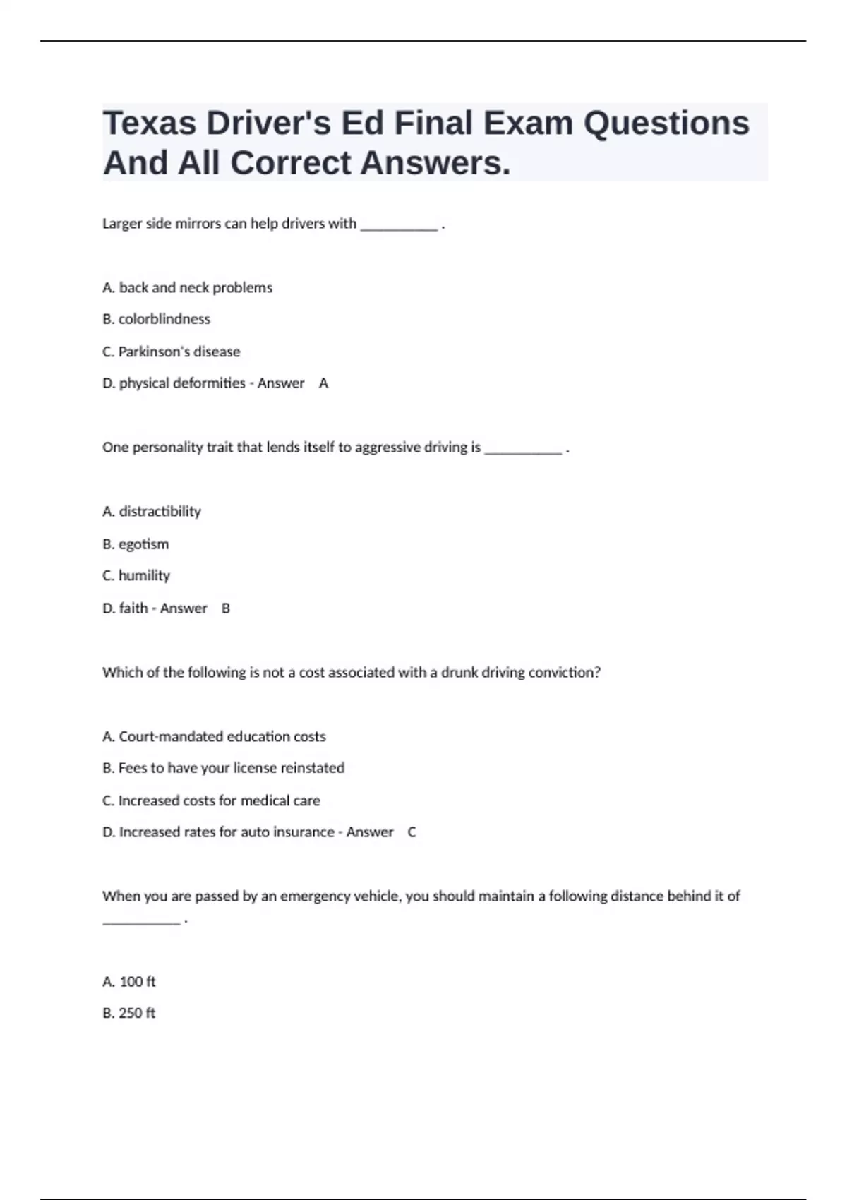 Texas Driver's Ed Final Exam Questions And All Correct Answers. - TX ...