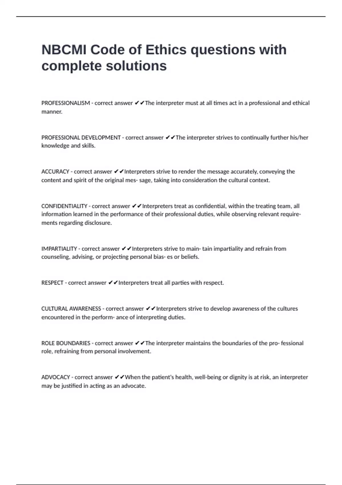 NBCMI Code of Ethics questions with complete solutions - NBCMI - Stuvia US