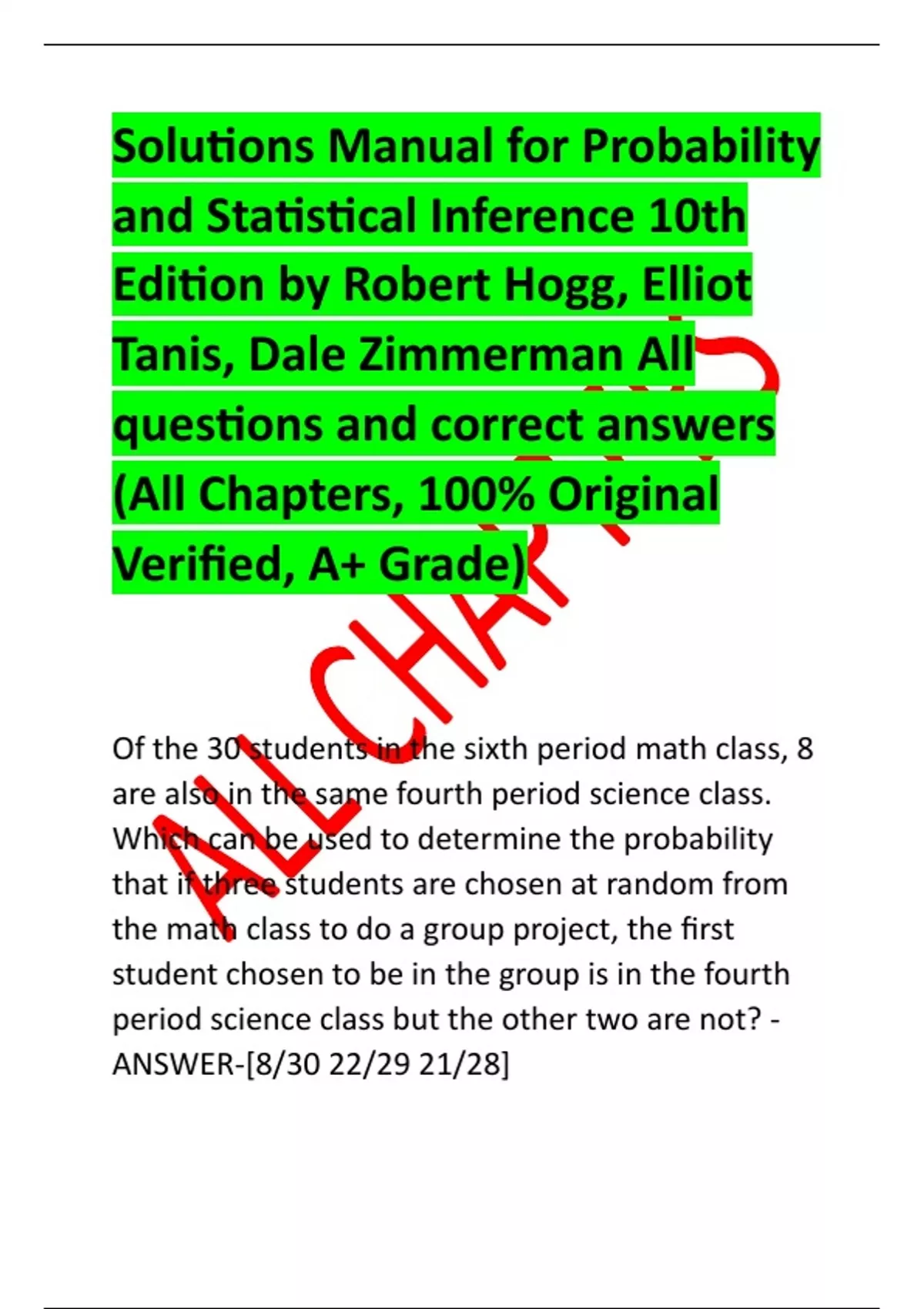 Solutions Manual for Probability and Statistical Inference 10th Edition by Robert Hogg, Elliot ...