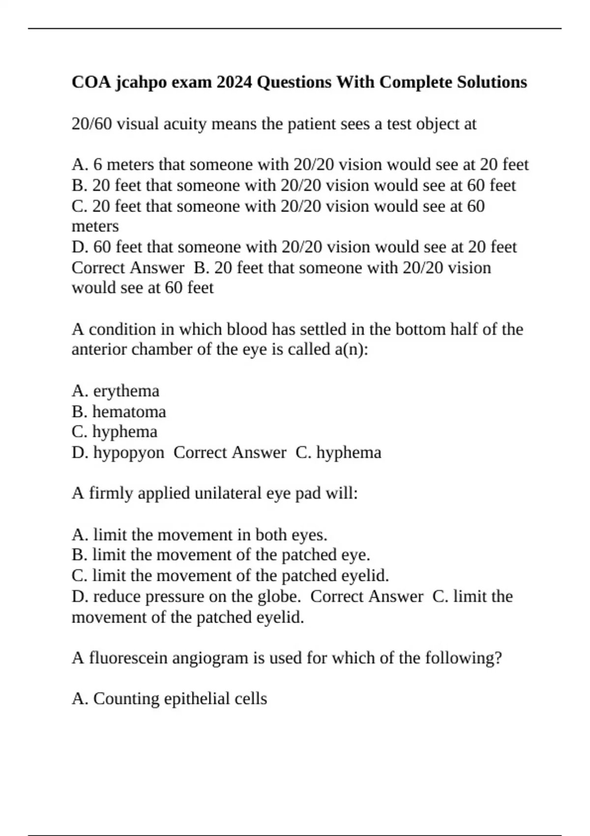 COA jcahpo exam 2024 Questions With Complete Solutions - COA - Stuvia US