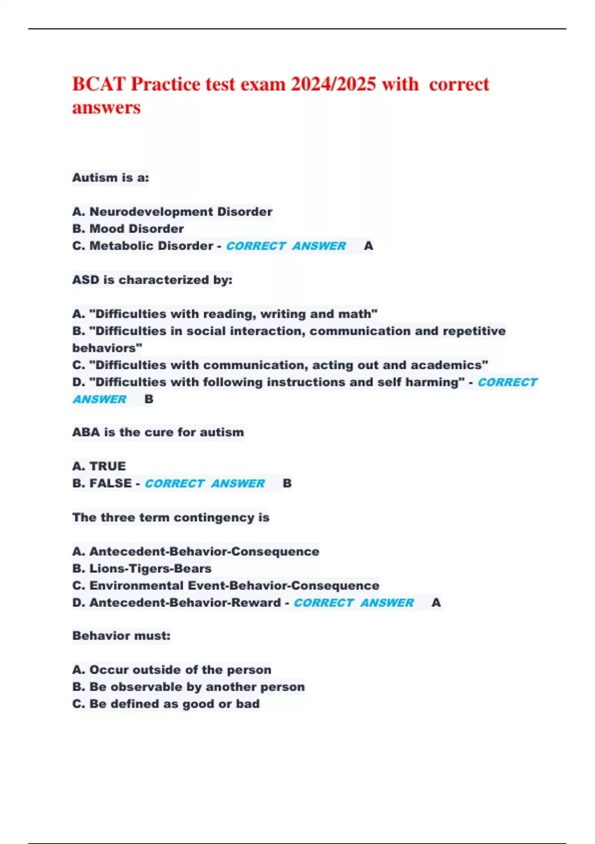 BCAT Practice test exam 2024/2025 with correct answers - BCAT Practice ...