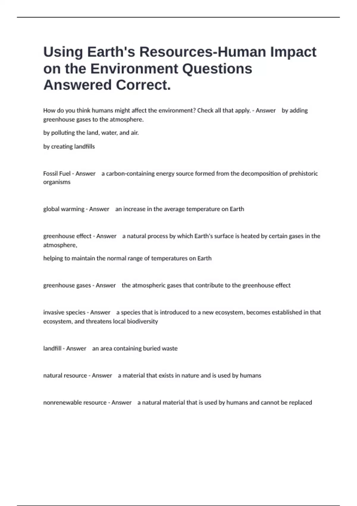 Using Earth's Resources-Human Impact on the Environment Questions ...