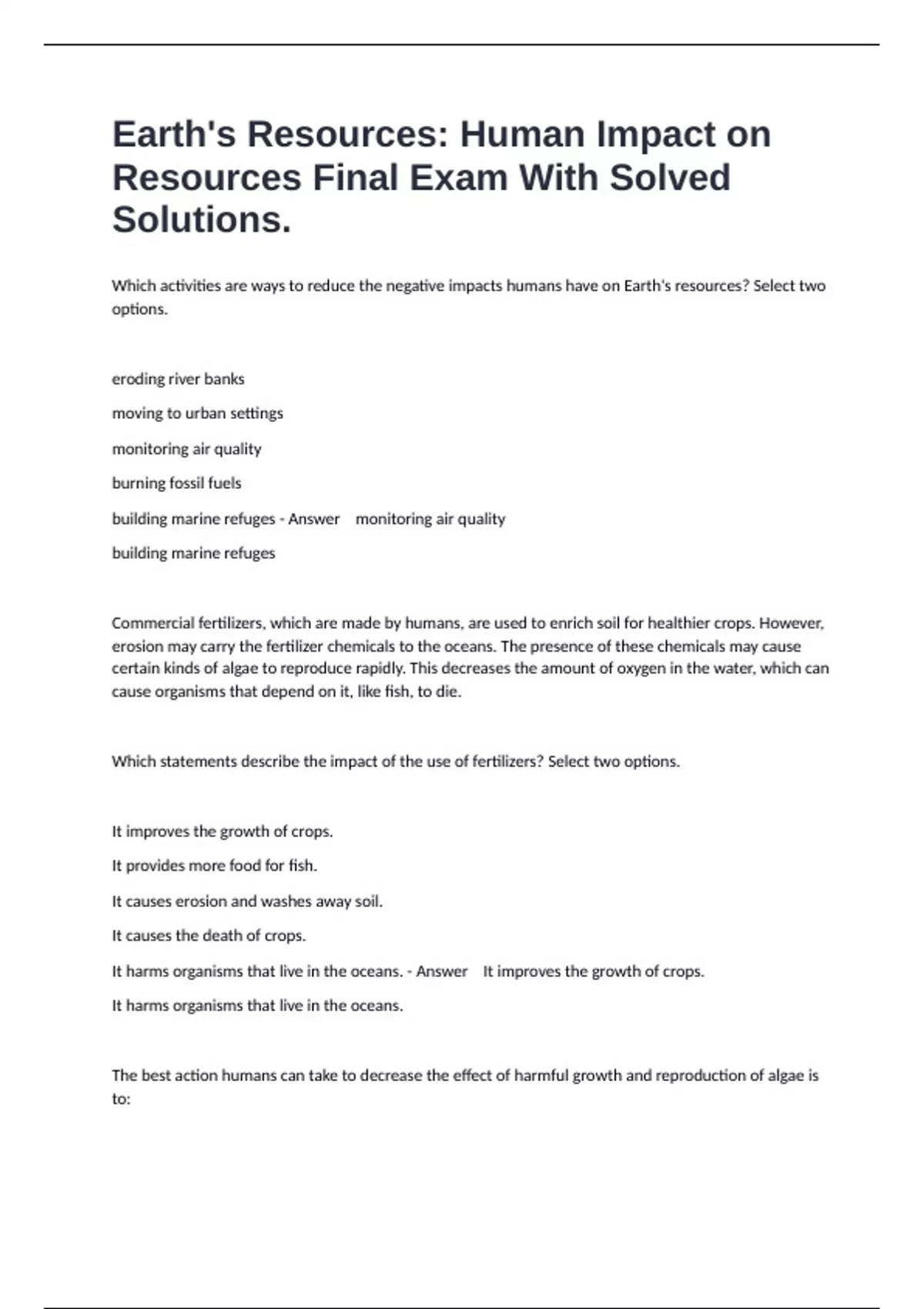 Earth's Resources: Human Impact on Resources Final Exam With Solved ...
