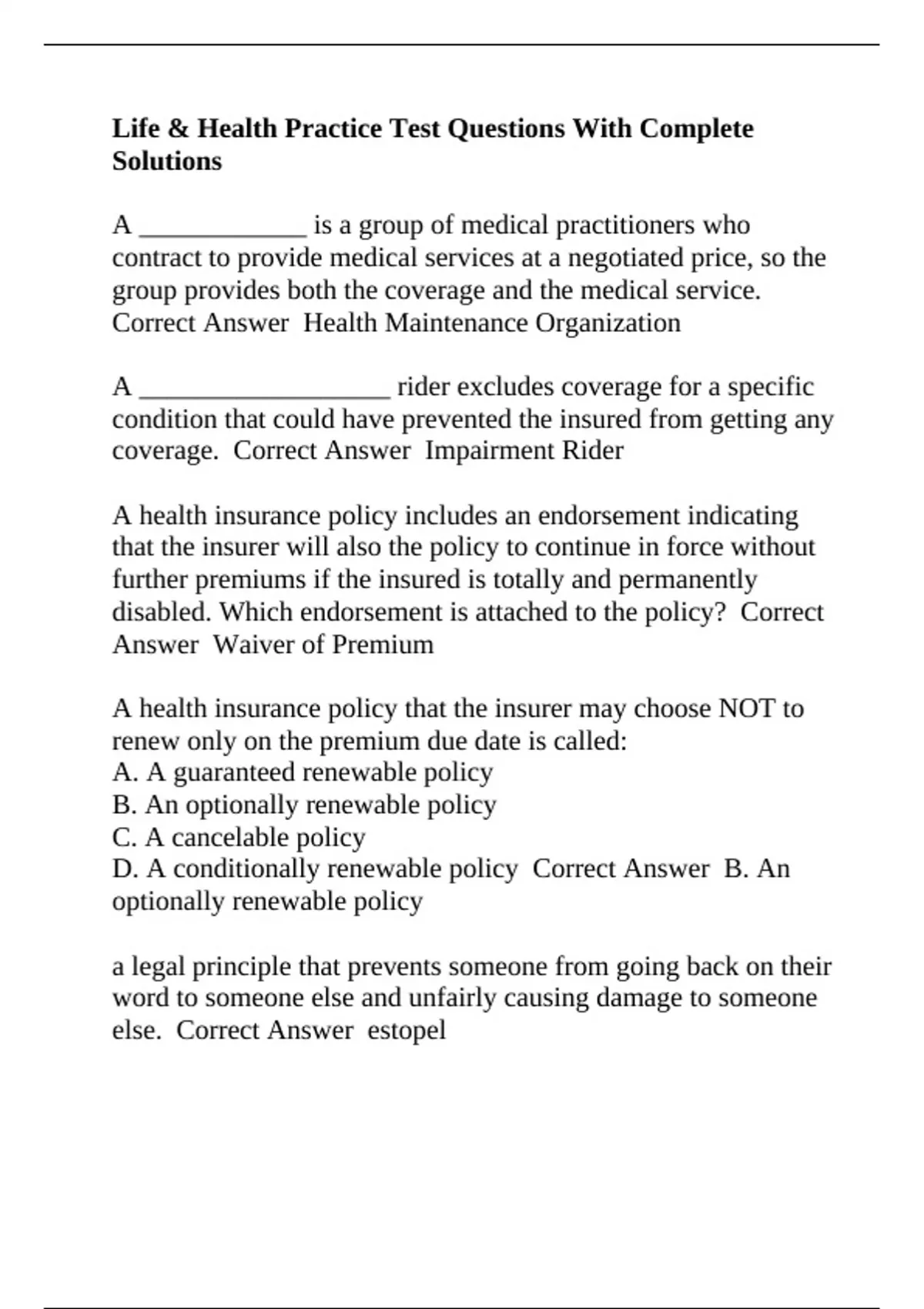 Life & Health Practice Test Questions With Complete Solutions - Life ...