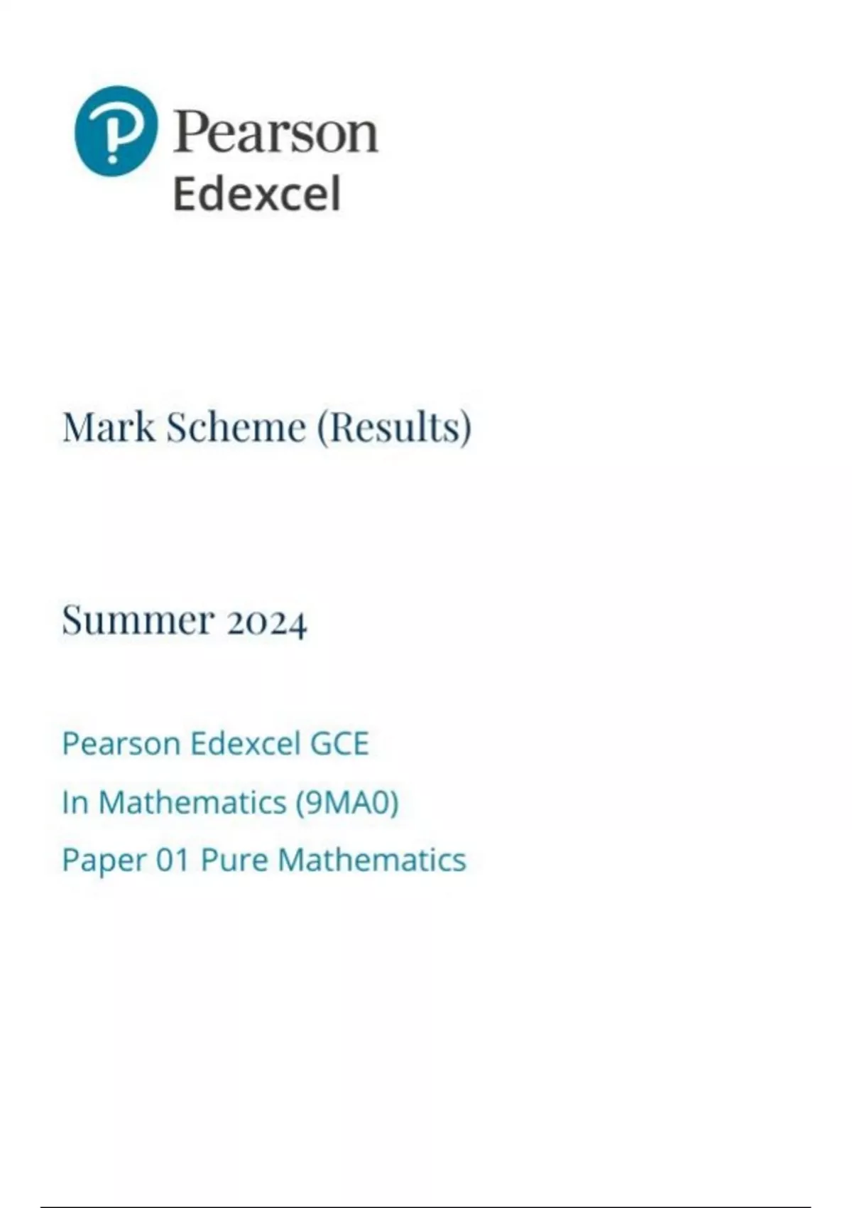 EDEXCEL mathematics 9ma0-01 paper 1: pure mathematics 1 mark scheme ...