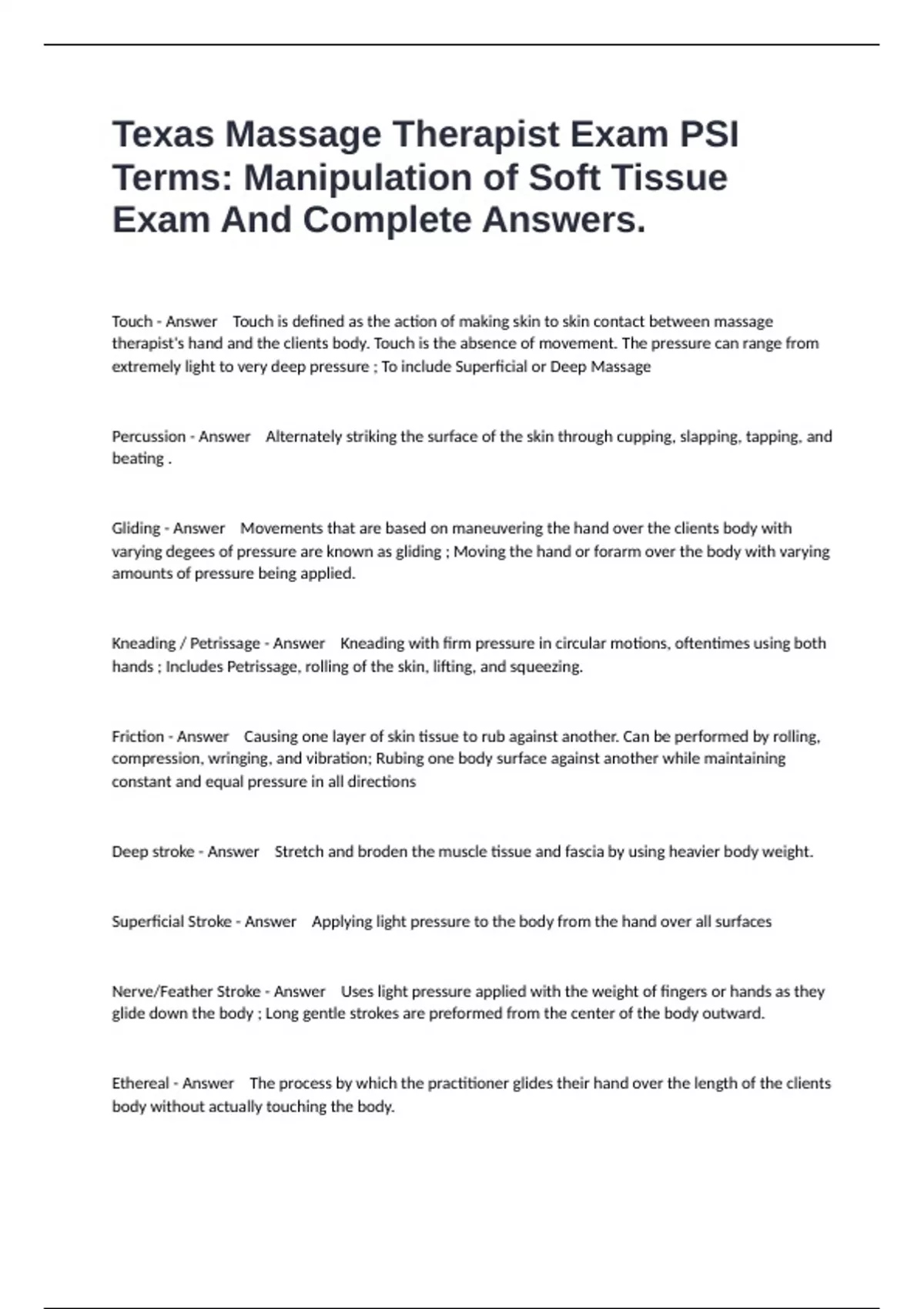 Texas Massage Therapist Exam PSI Terms: Manipulation of Soft Tissue ...