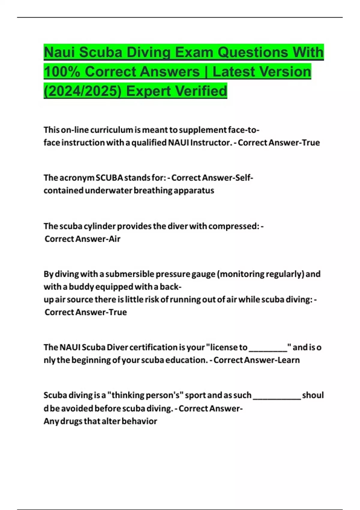 Naui Scuba Diving Exam Questions With 100% Correct Answers | Latest ...