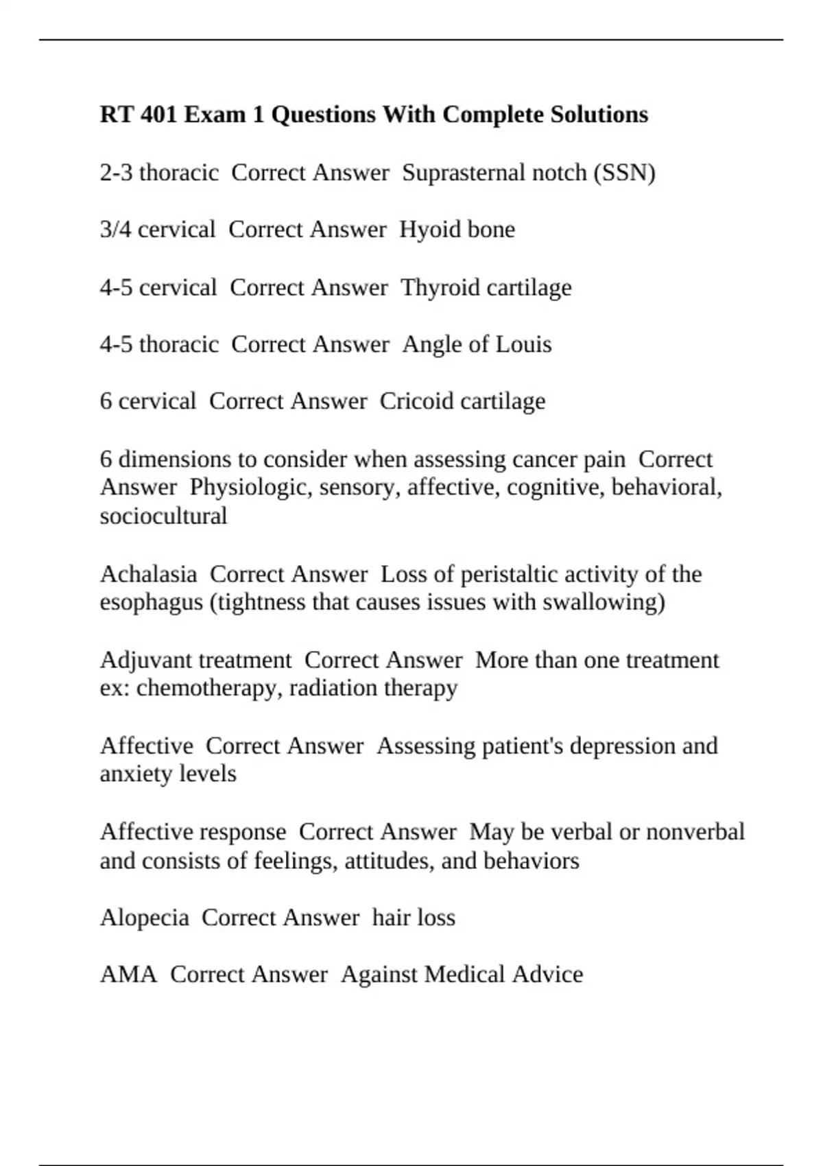 RT 401 Exam 1 Questions With Complete Solutions - RT 401 - Stuvia US